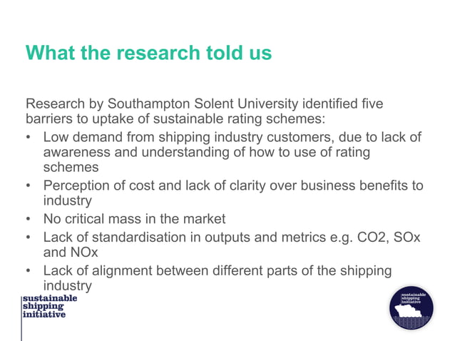 SSI workstream - Sustainable shipping rating schemes: How to use and improve sustainability ...