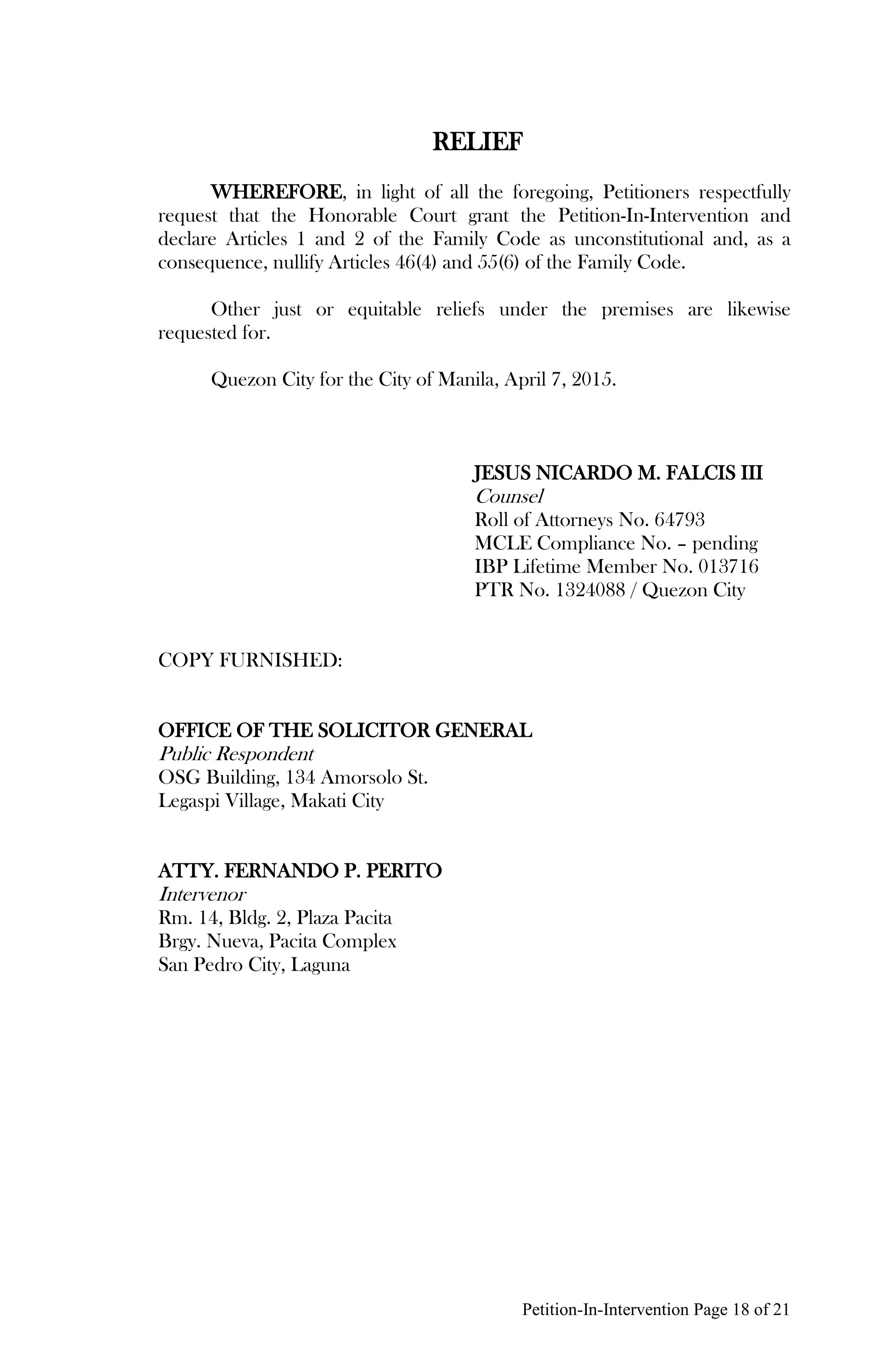 Petition In intervention to the Supreme Court of the Philippines on ...