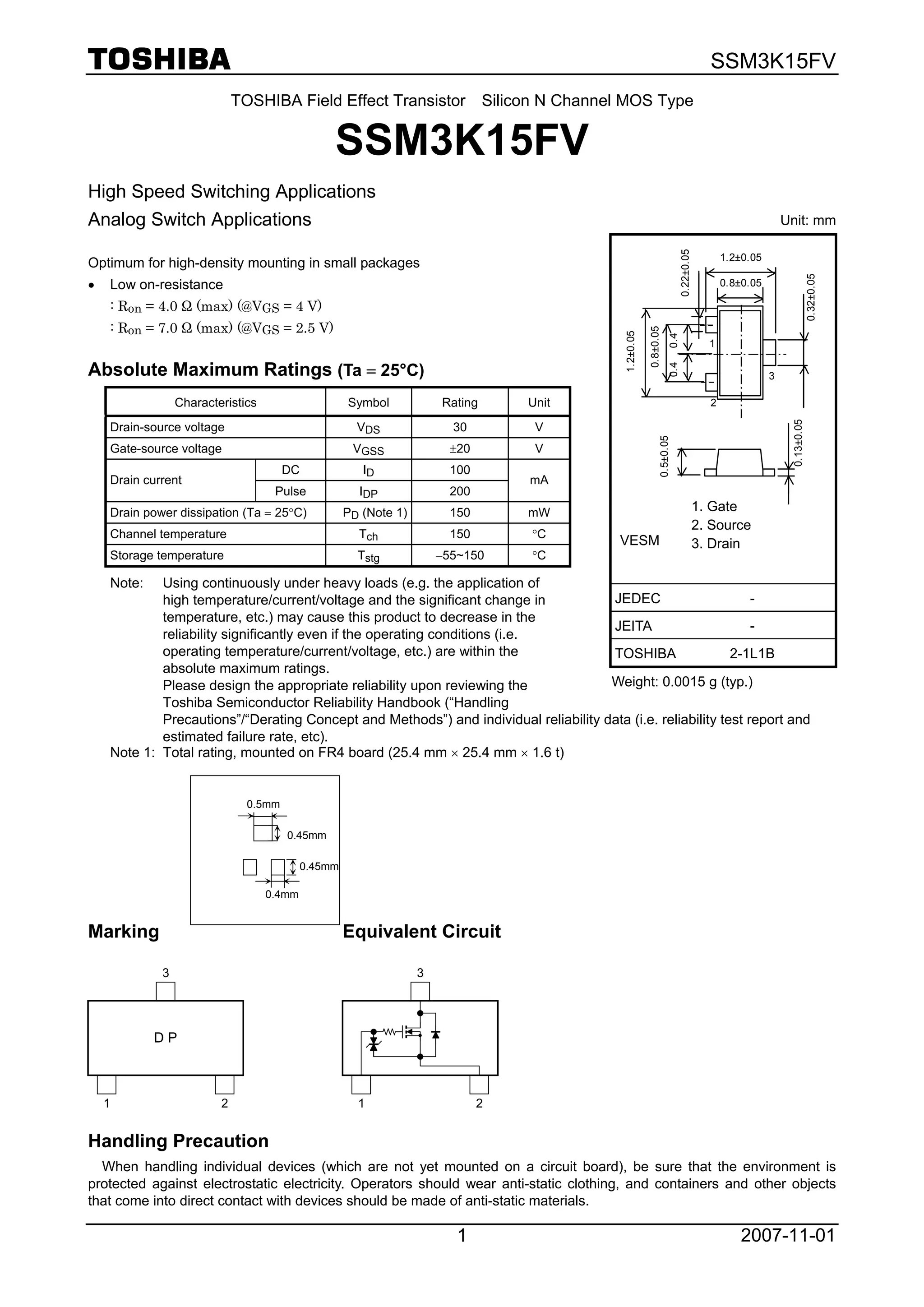 Original Mosfet N-Channel SSM3K15FV OP SMD Code SOT-723 New | PDF