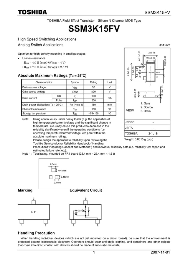 Original Mosfet N-Channel SSM3K15FV OP SMD Code SOT-723 New | PDF