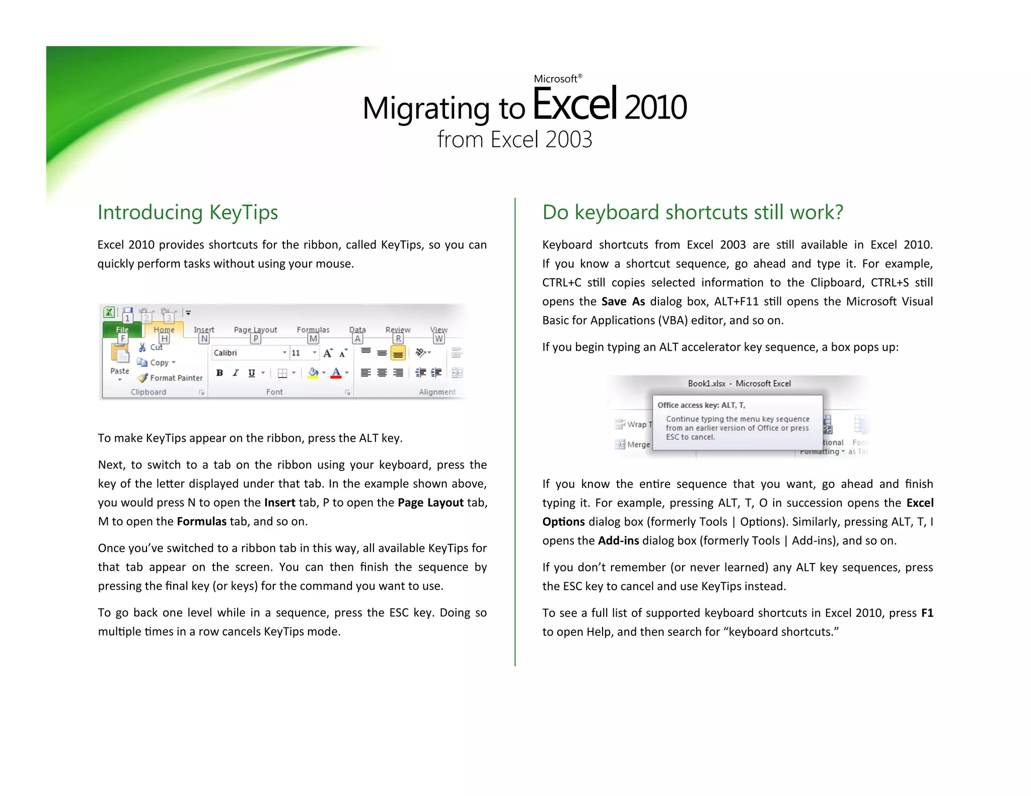 Migrating to Excel 2010 from Excel 2003 | Microsoft | PDF