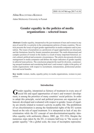 Gender equality in the policies of media organizations – selected ...