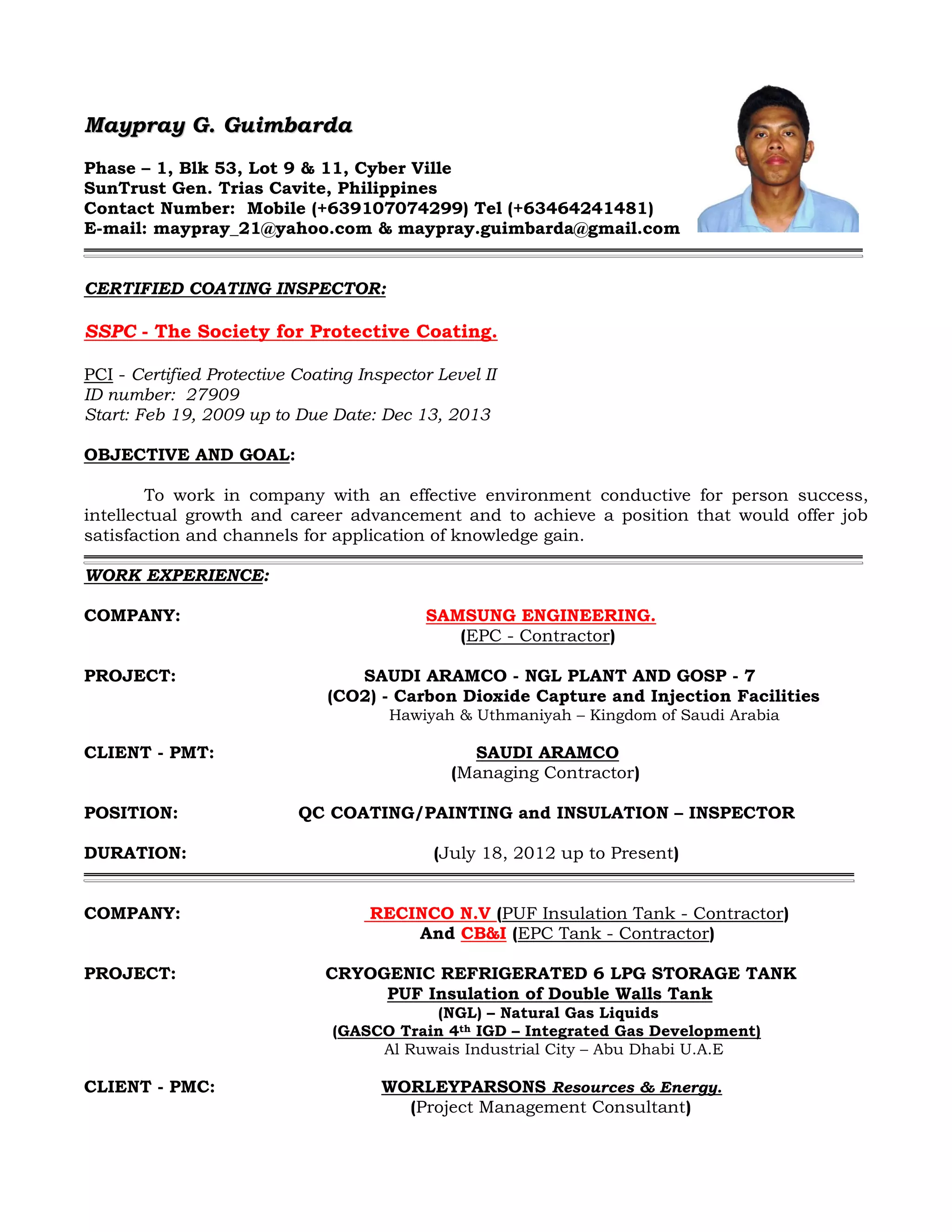 RESUME OF QAQC INSPECTOR COATING/PAINTING AND INSULATION | PDF