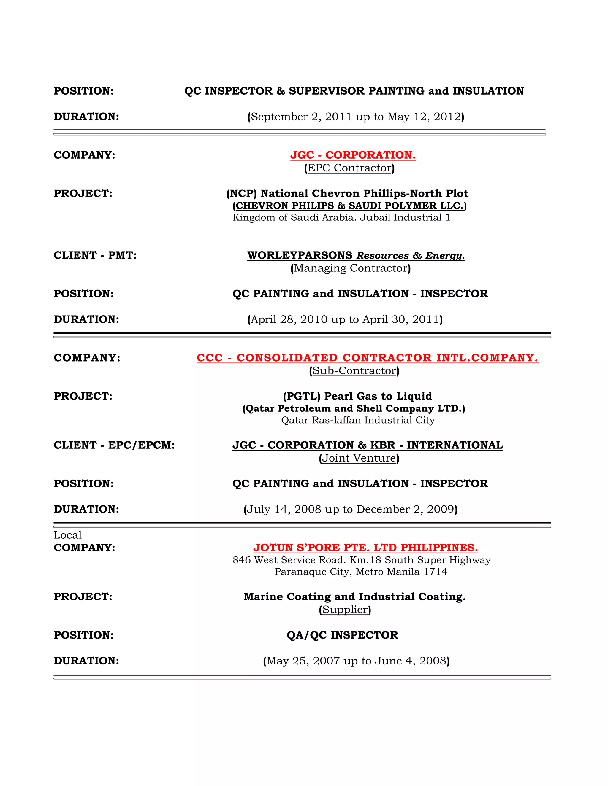 RESUME OF QAQC INSPECTOR COATING/PAINTING AND INSULATION | PDF