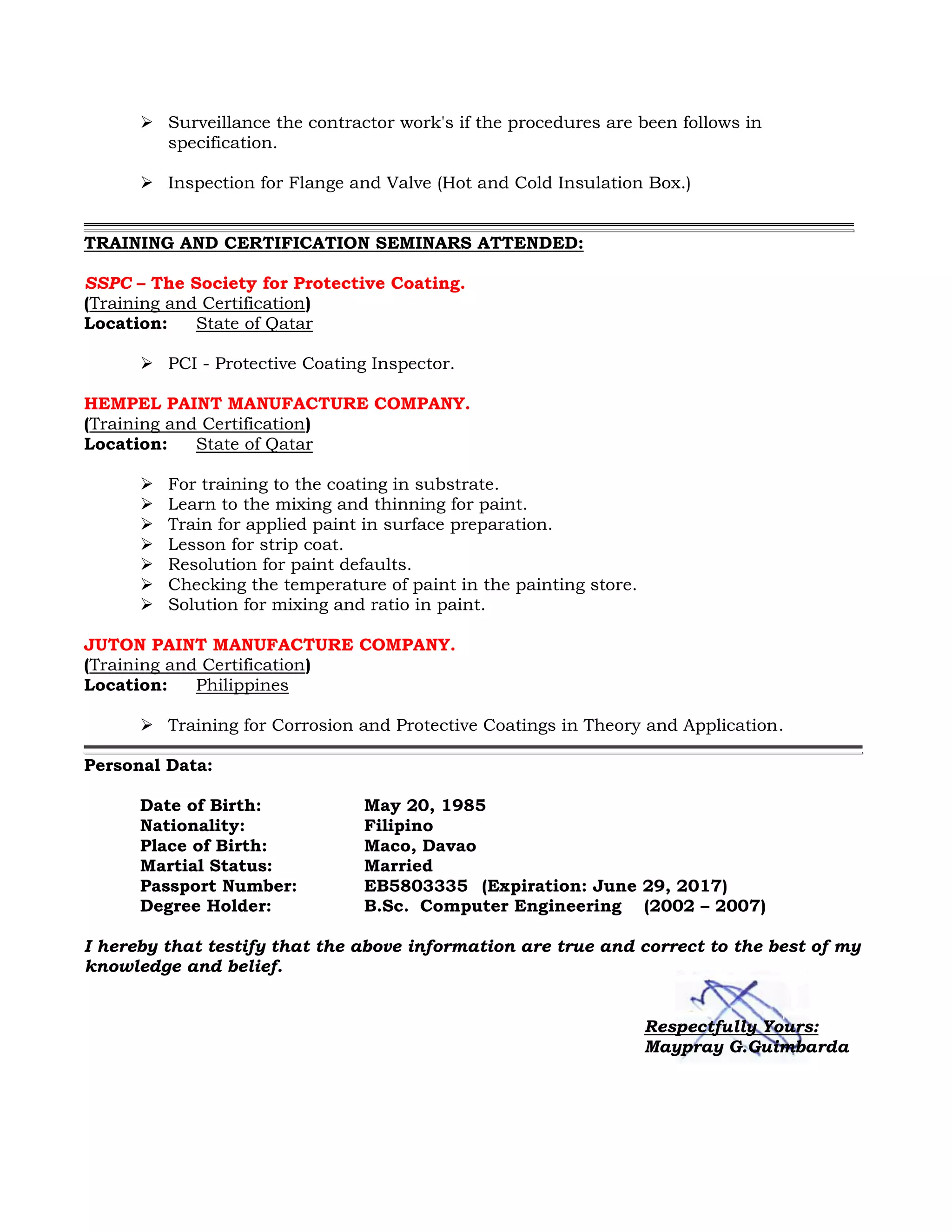 RESUME OF QAQC INSPECTOR COATING/PAINTING AND INSULATION | PDF