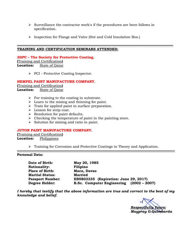 RESUME OF QAQC INSPECTOR COATING/PAINTING AND INSULATION | PDF
