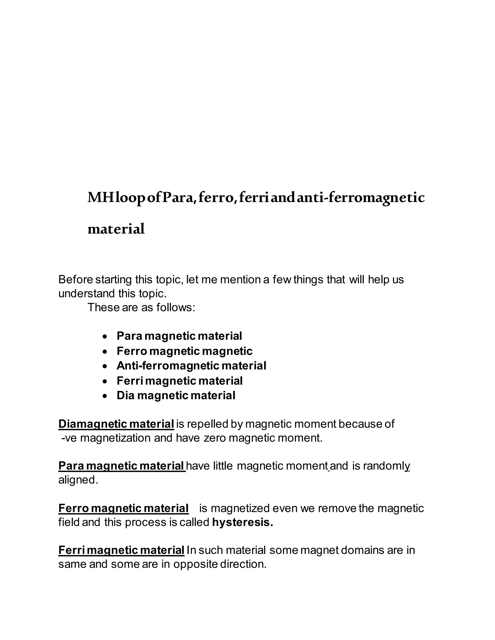 MH loop of Para, ferro, ferri and anti-ferromagnetic material , | DOCX