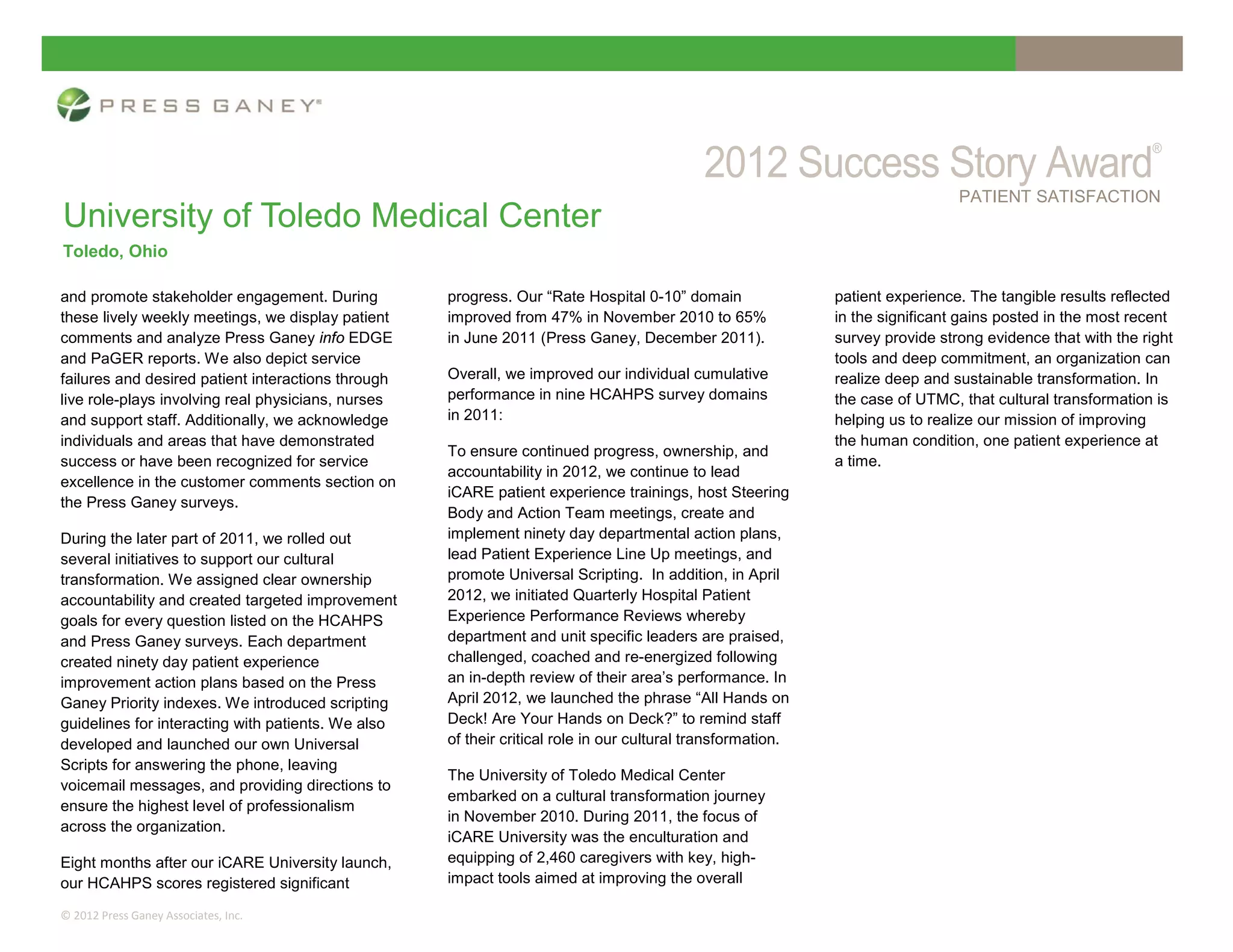 Press Ganey's 2012 National Success Story Award | PDF