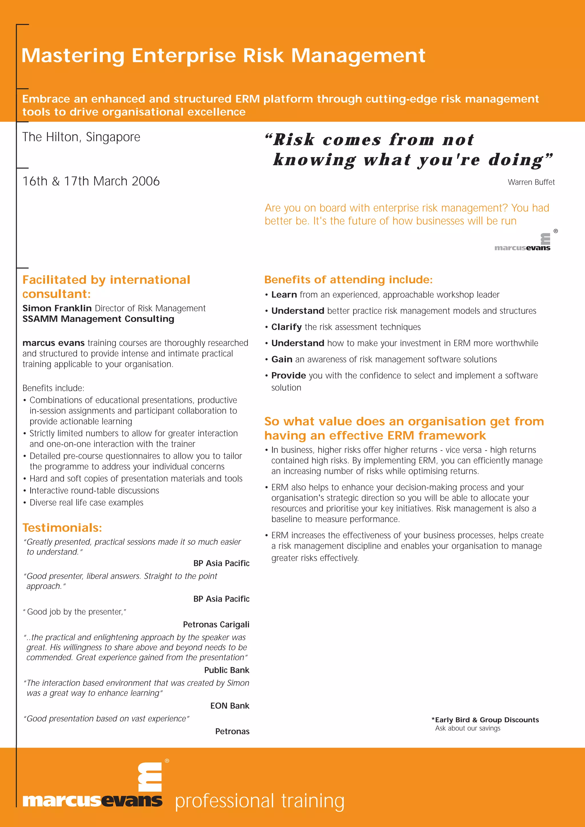 Enterprise Risk Management Workshop (Singapore 2006) | PDF