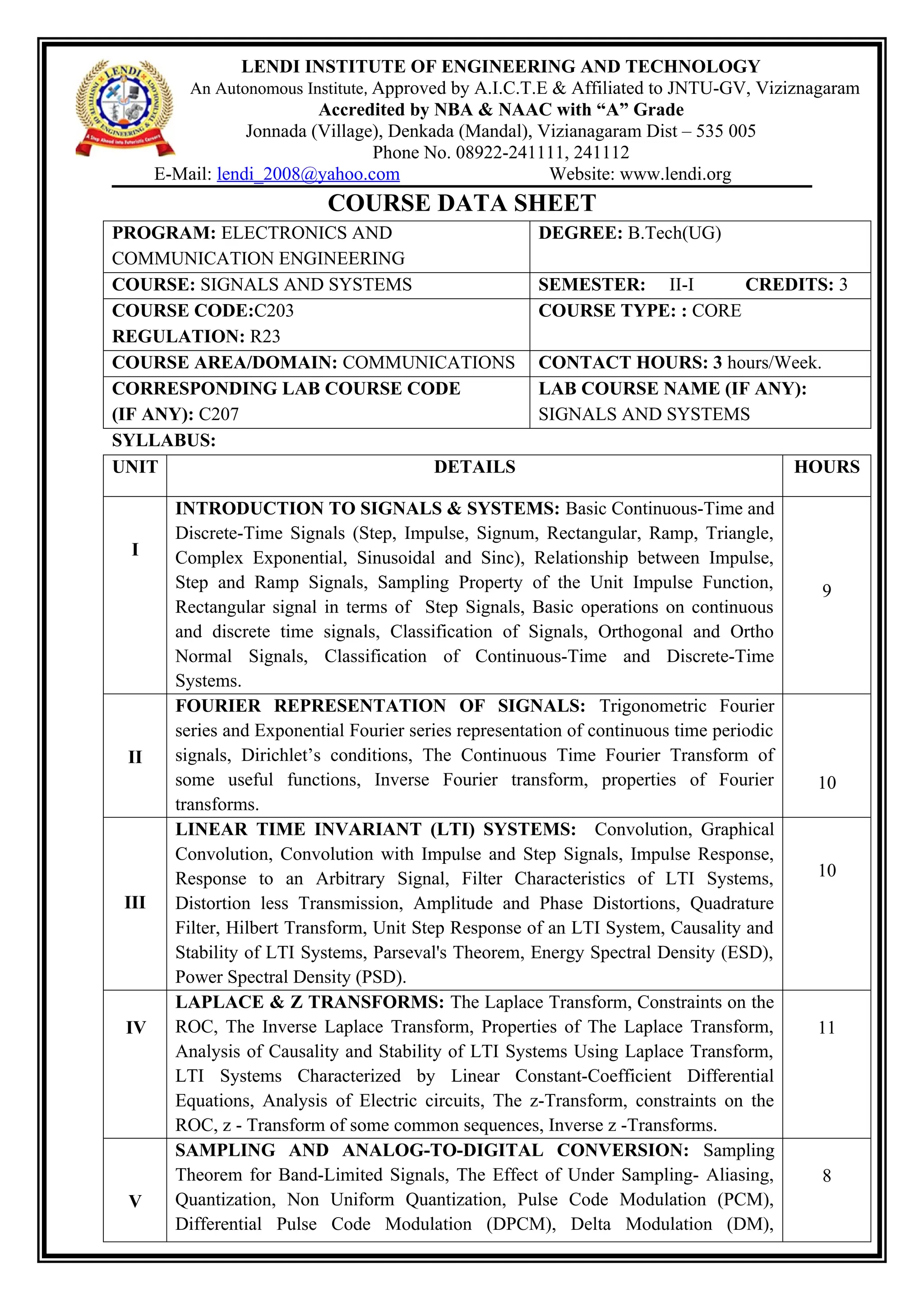 The course data sheet of signals and systems | DOCX