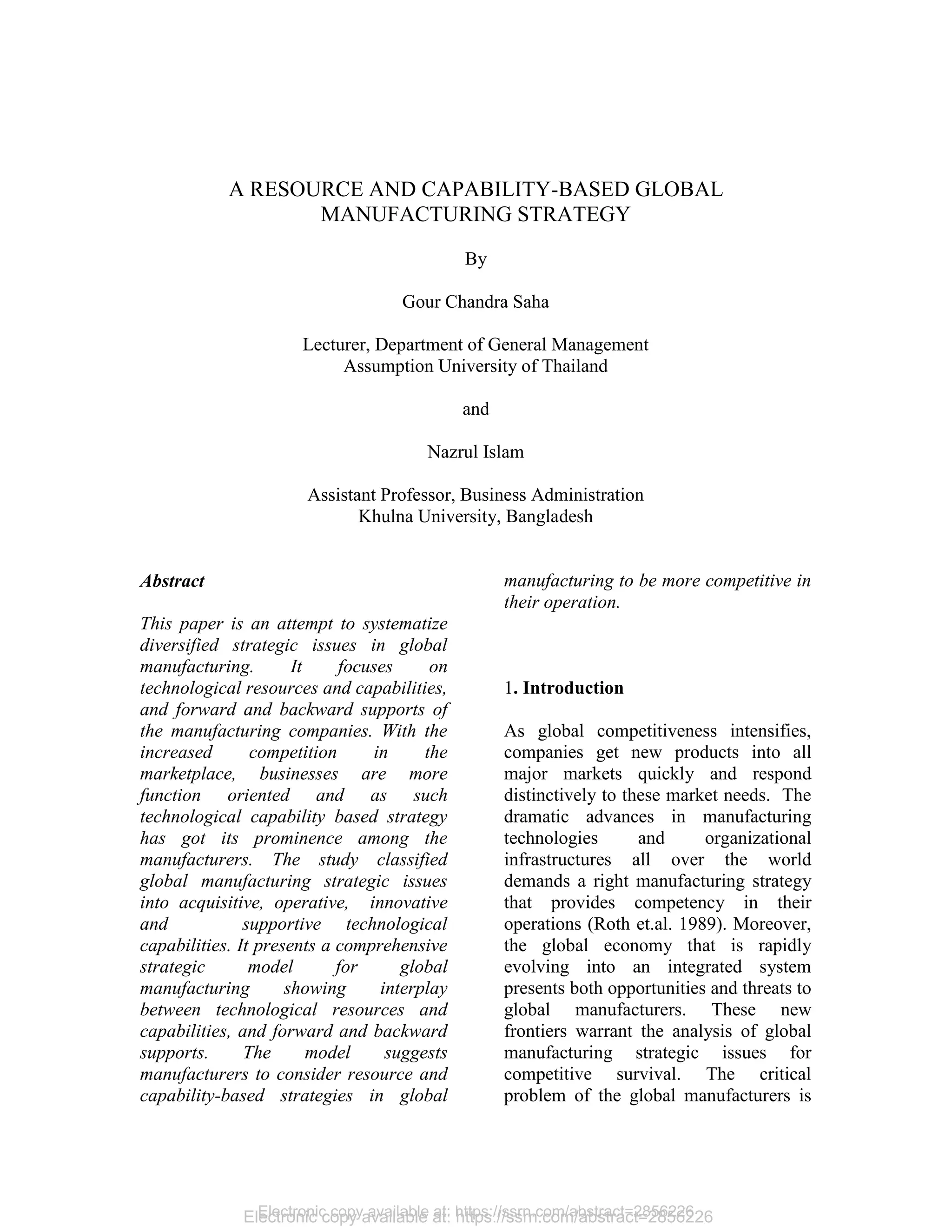 A Resource and Capability-Based Global Manufacturing Strategy | PDF