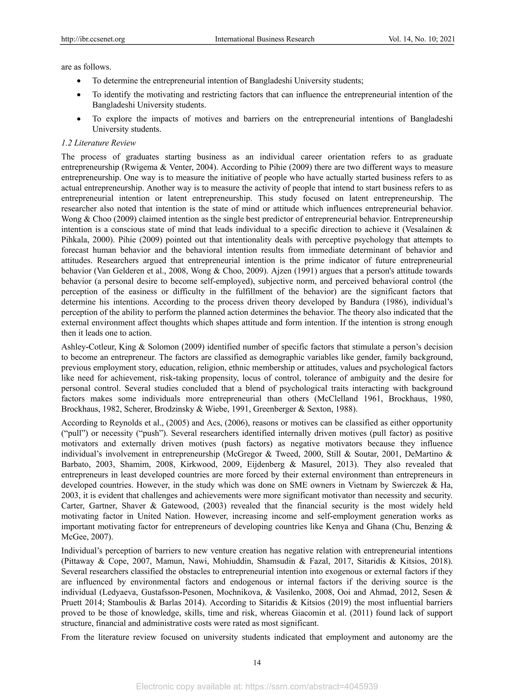 A Study on Entrepreneurial Intention of University Students in Bangladesh | PDF