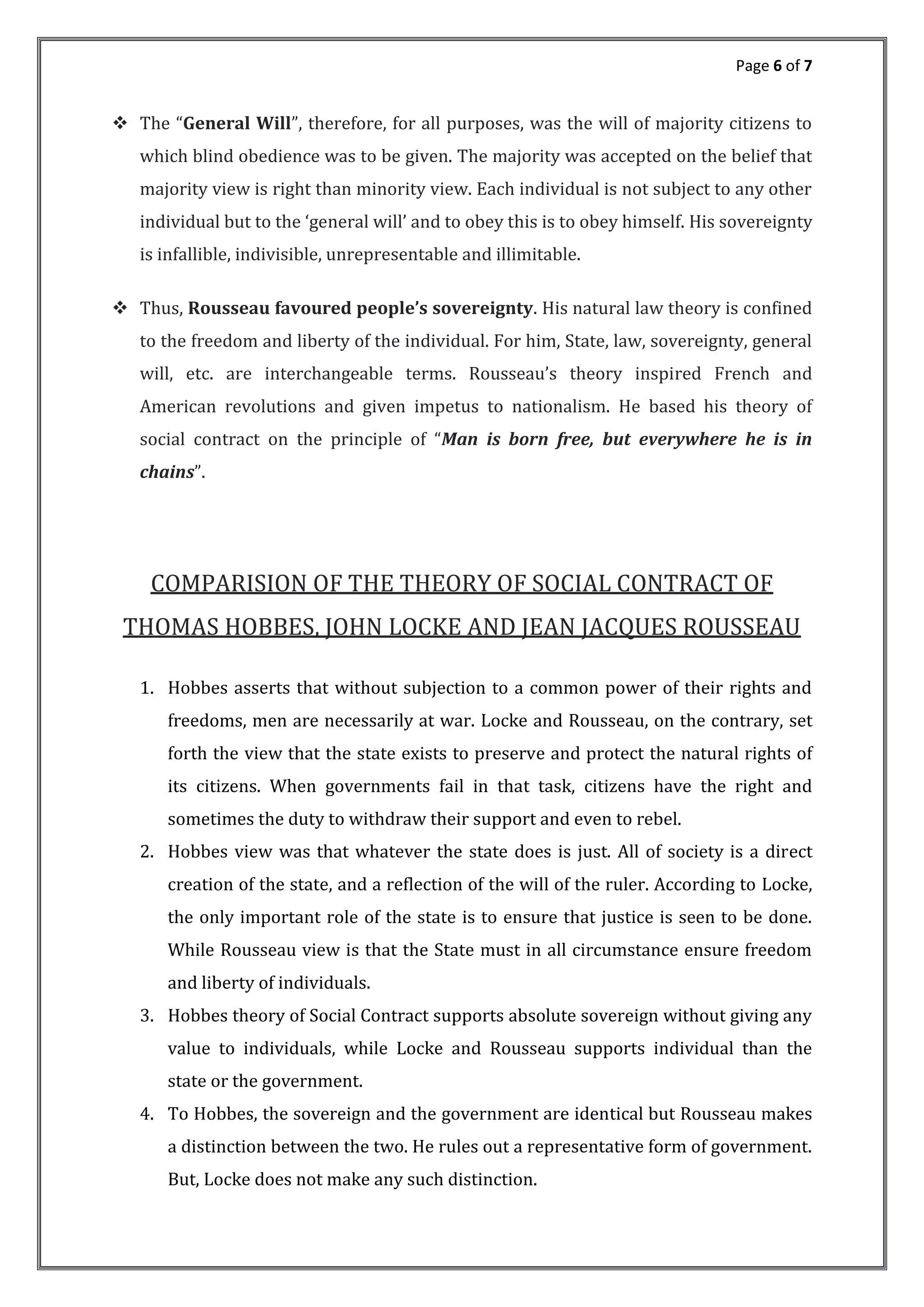 Summary of Social Contract Theory by Hobbes, Locke and Rousseau | PDF | Law