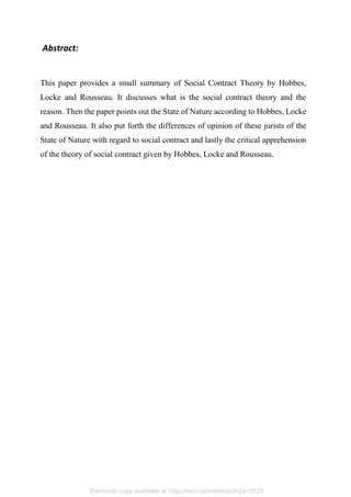 Summary of Social Contract Theory by Hobbes, Locke and Rousseau | PDF