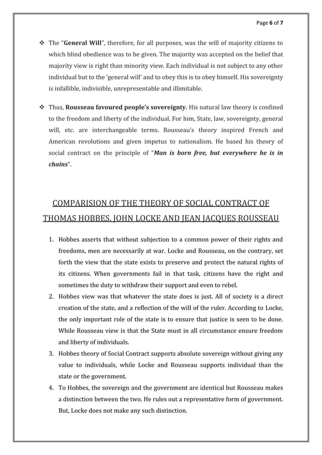 Summary of Social Contract Theory by Hobbes, Locke and Rousseau | PDF | Law