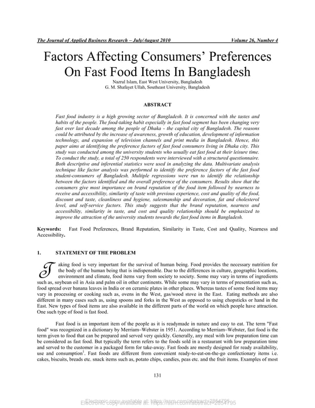 Factors Affecting Consumers’ Preferences on Fast Food Items in Bangladesh | PDF | Food Industry ...