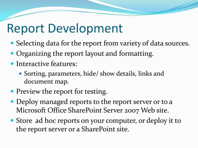 SQL Server Reporting Services | PPTX | Databases | Computer Software and Applications