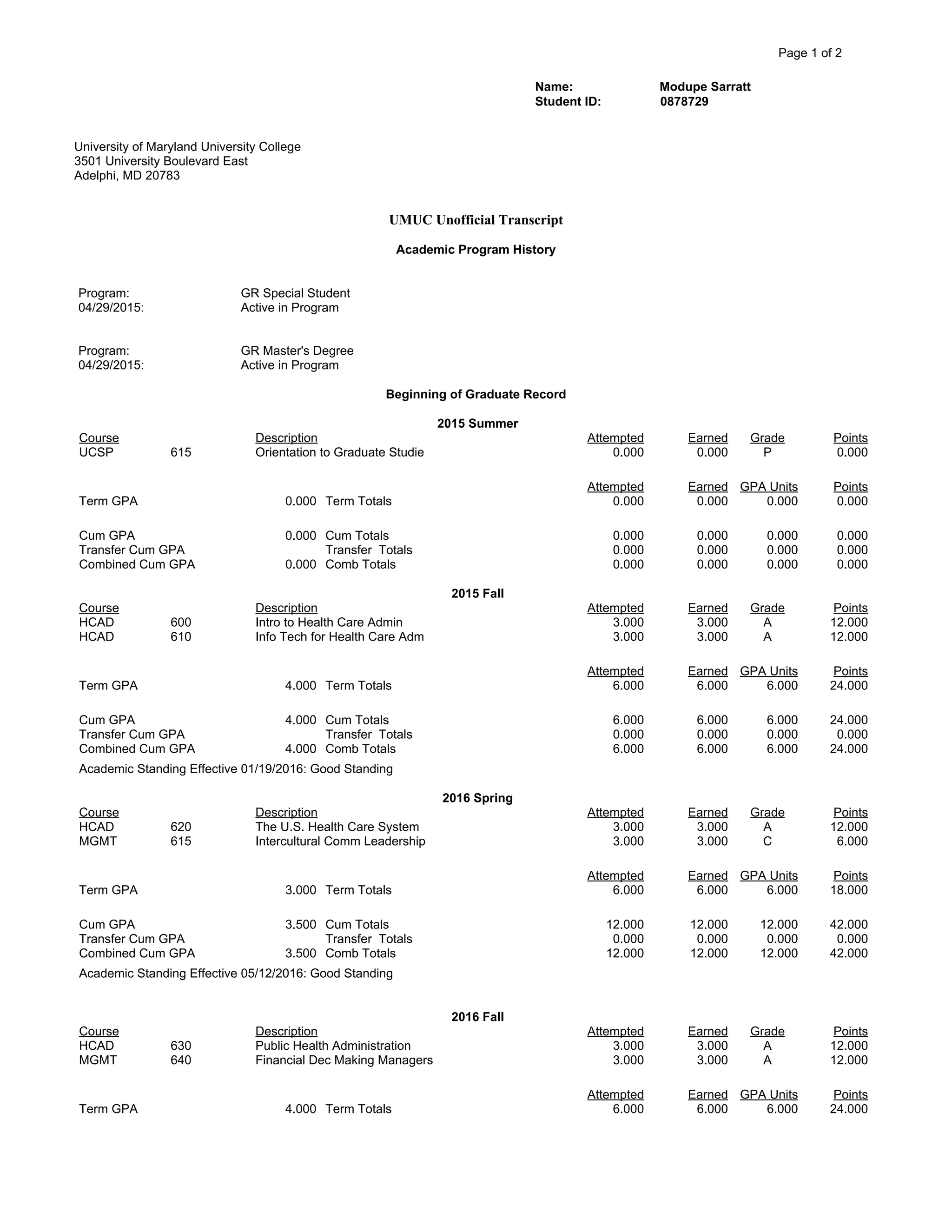 Unofficial transcript or academic record | PDF