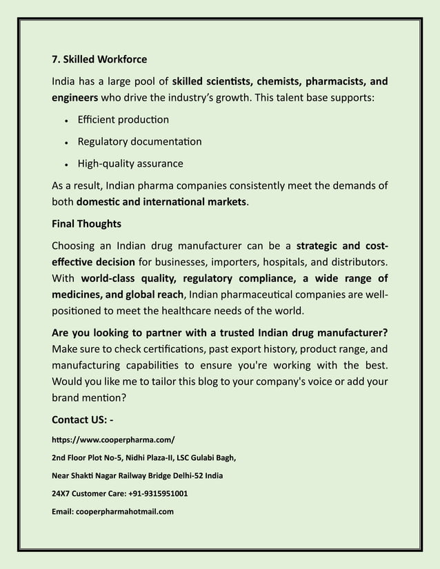 Top Drug Manufacturers in India: - Cooper Pharma Limited | PDF