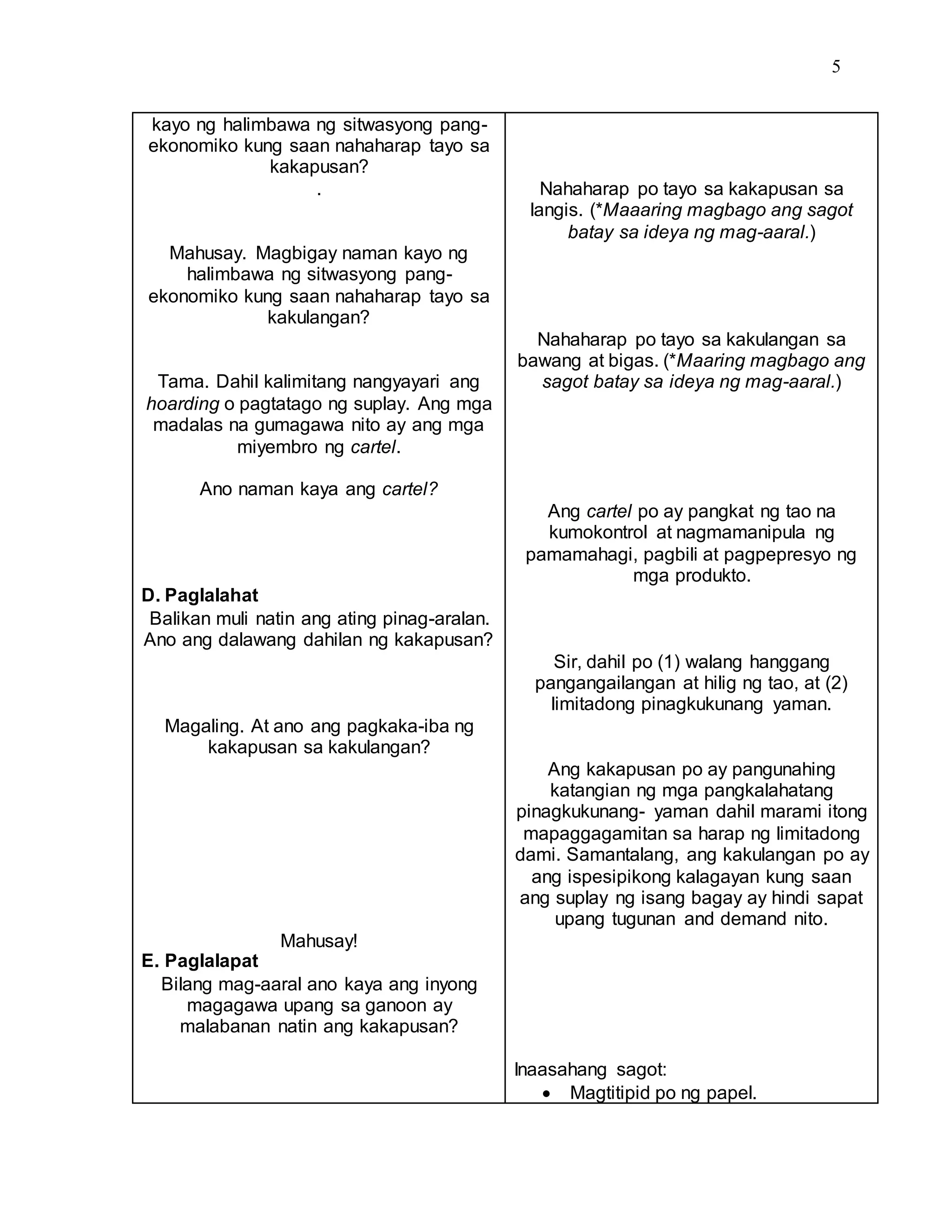 Masusing Banghay-Aralin sa Pagtuturo ng Araling Panlipunan (Ekonomiks) Ika-apat na Taon | DOCX