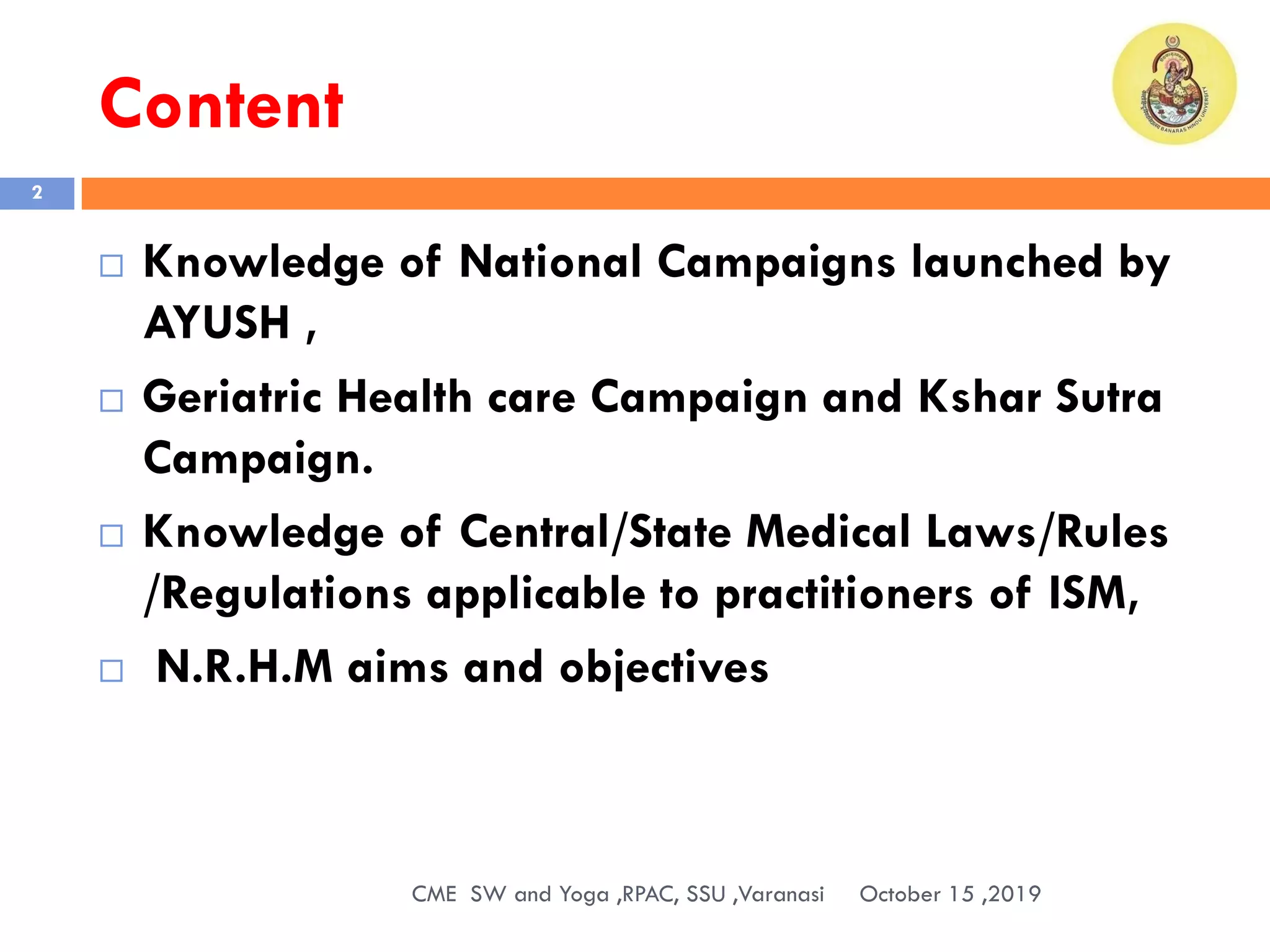 National AYUSH Campaigns, Medical laws and NRHM | PDF
