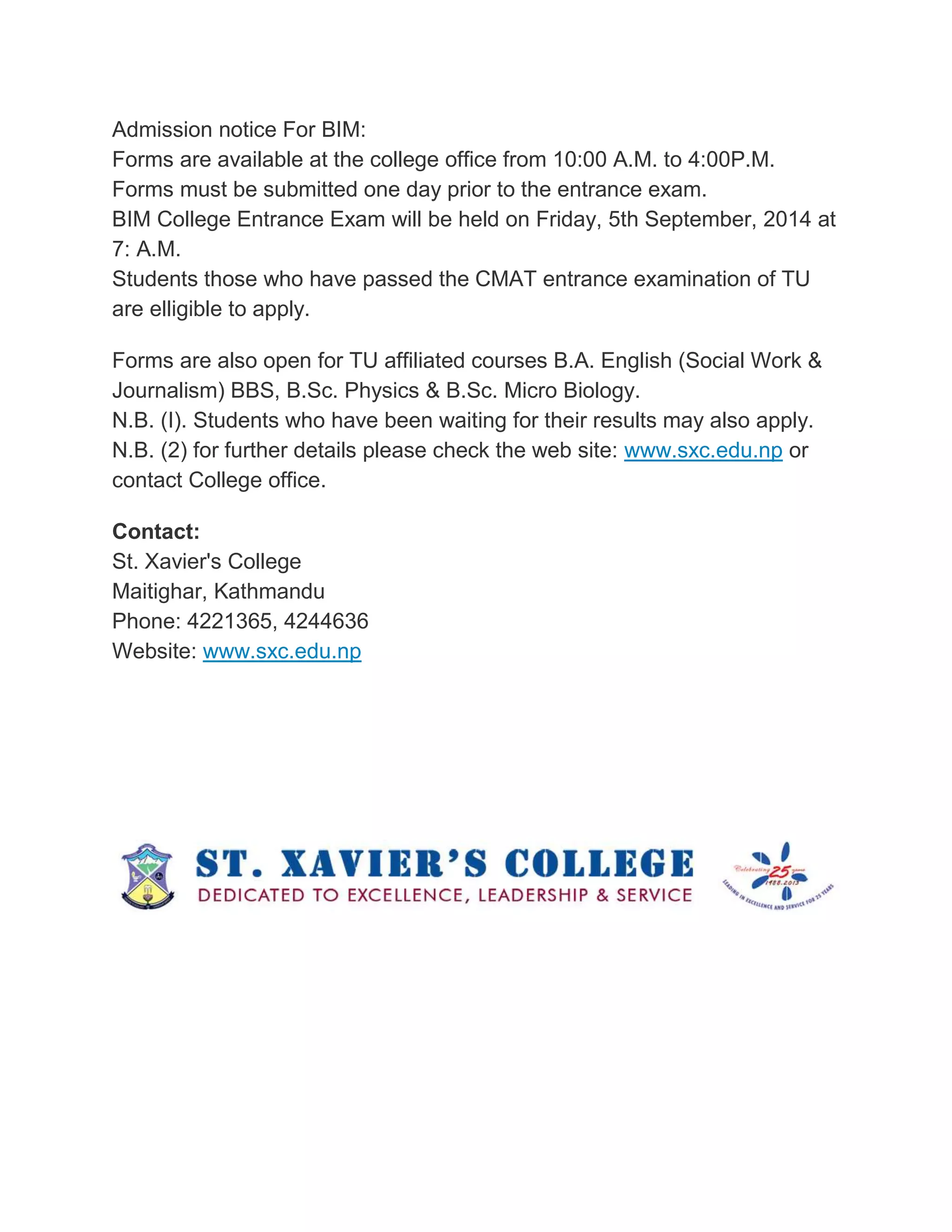 St. Xavier's College invites application for BIM. | DOCX