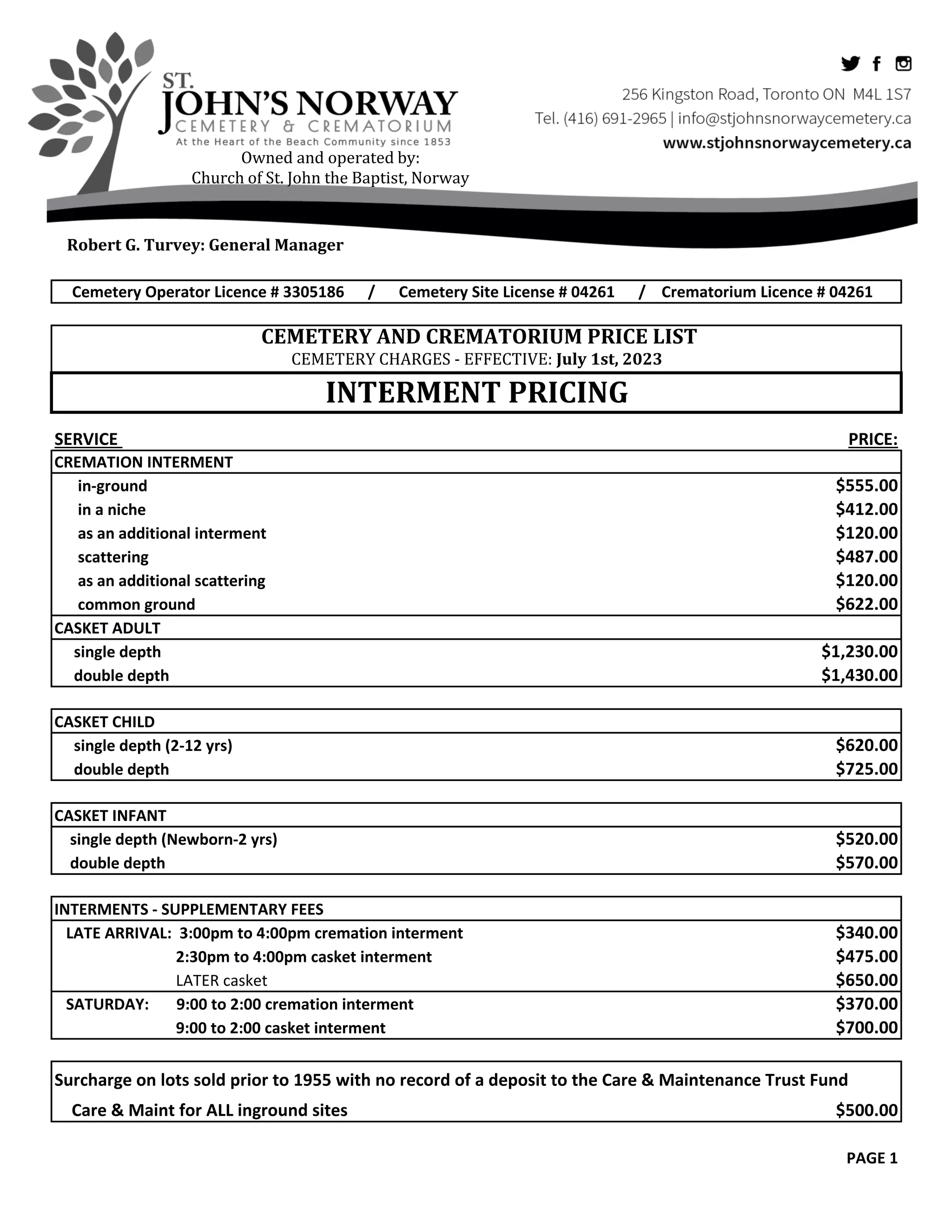 St. John's Norway Cemetery and Crematorium Price List (July 2023) | PDF
