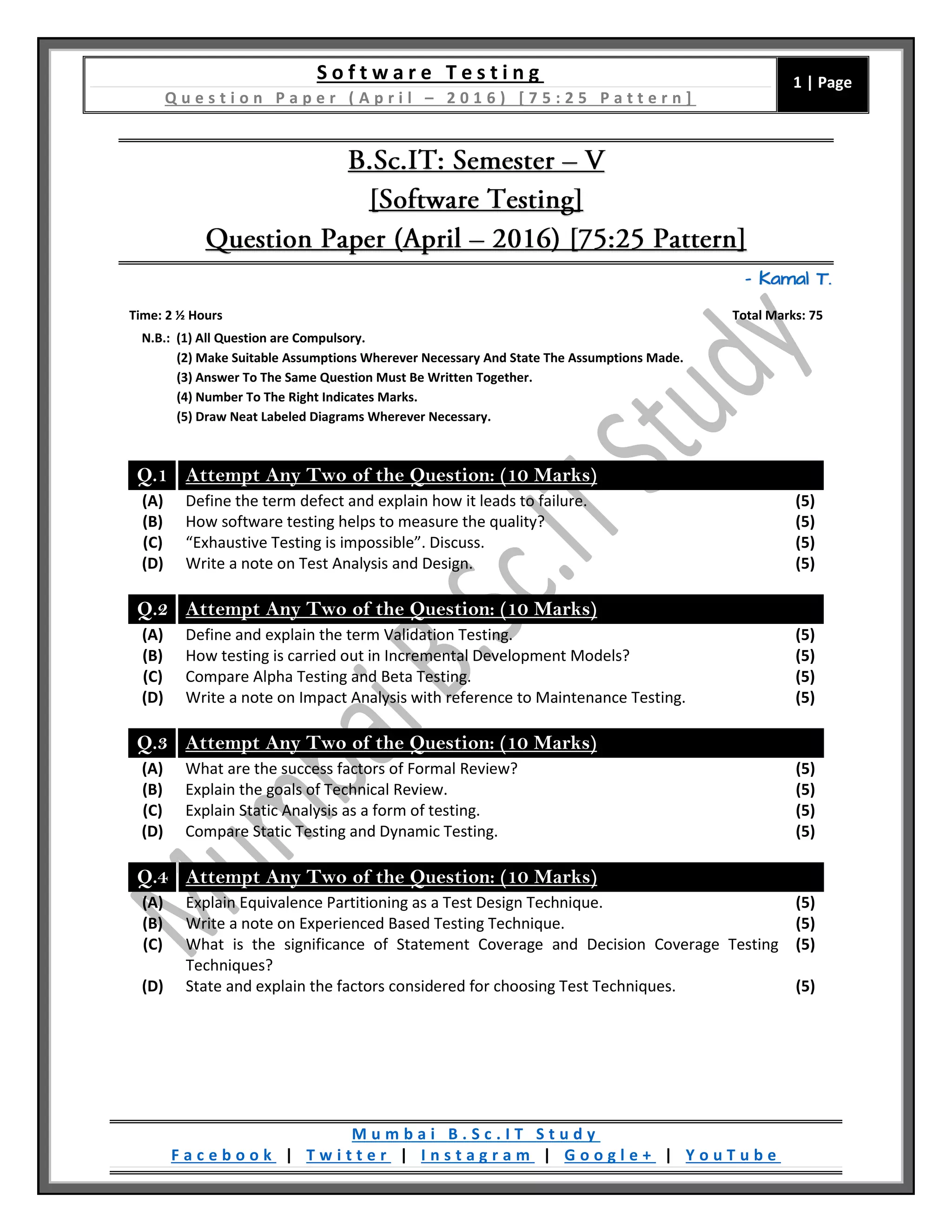 [Question Paper] Software Testing (75:25 Pattern) [April / 2016] | PDF