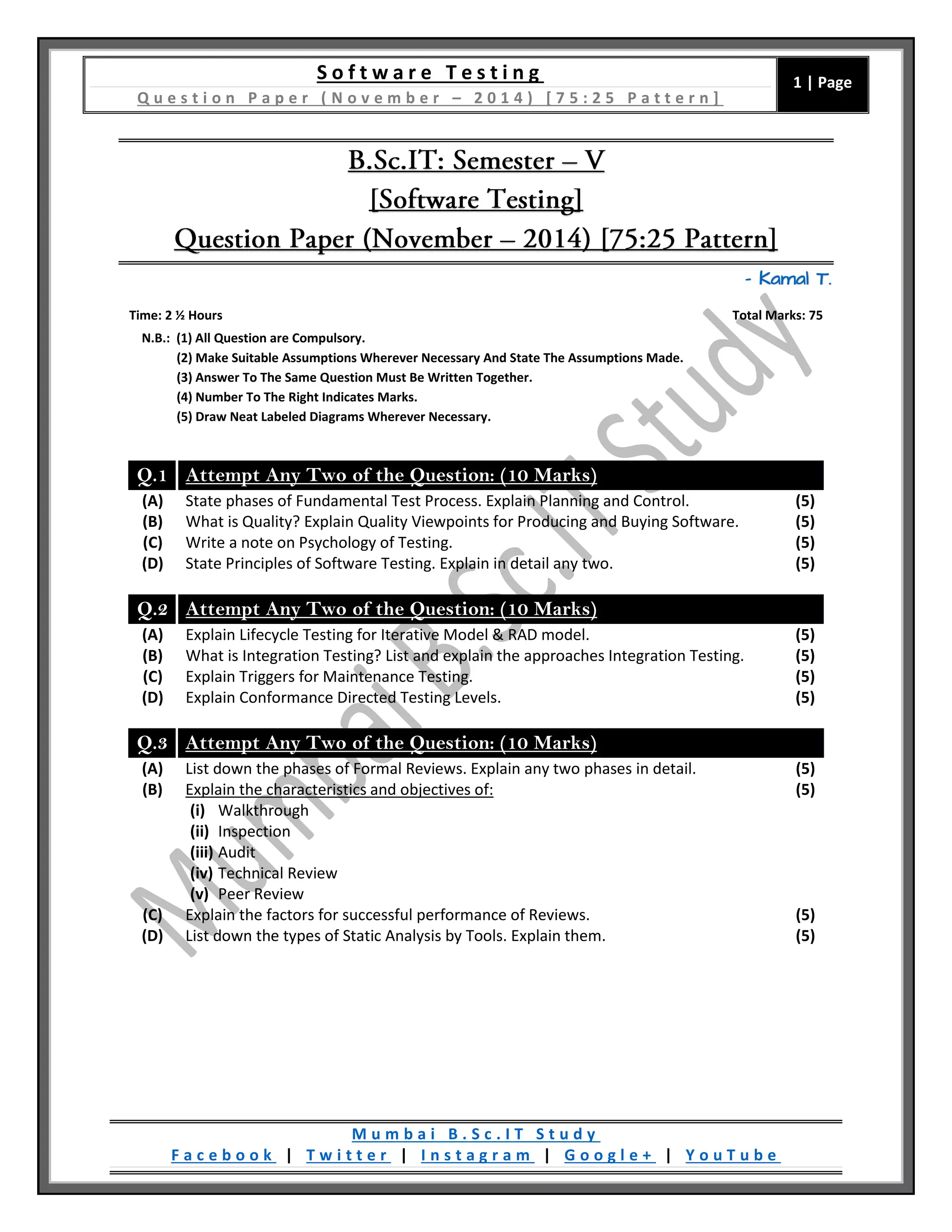 [Question Paper] Software Testing (75:25 Pattern) [November / 2014] | PDF