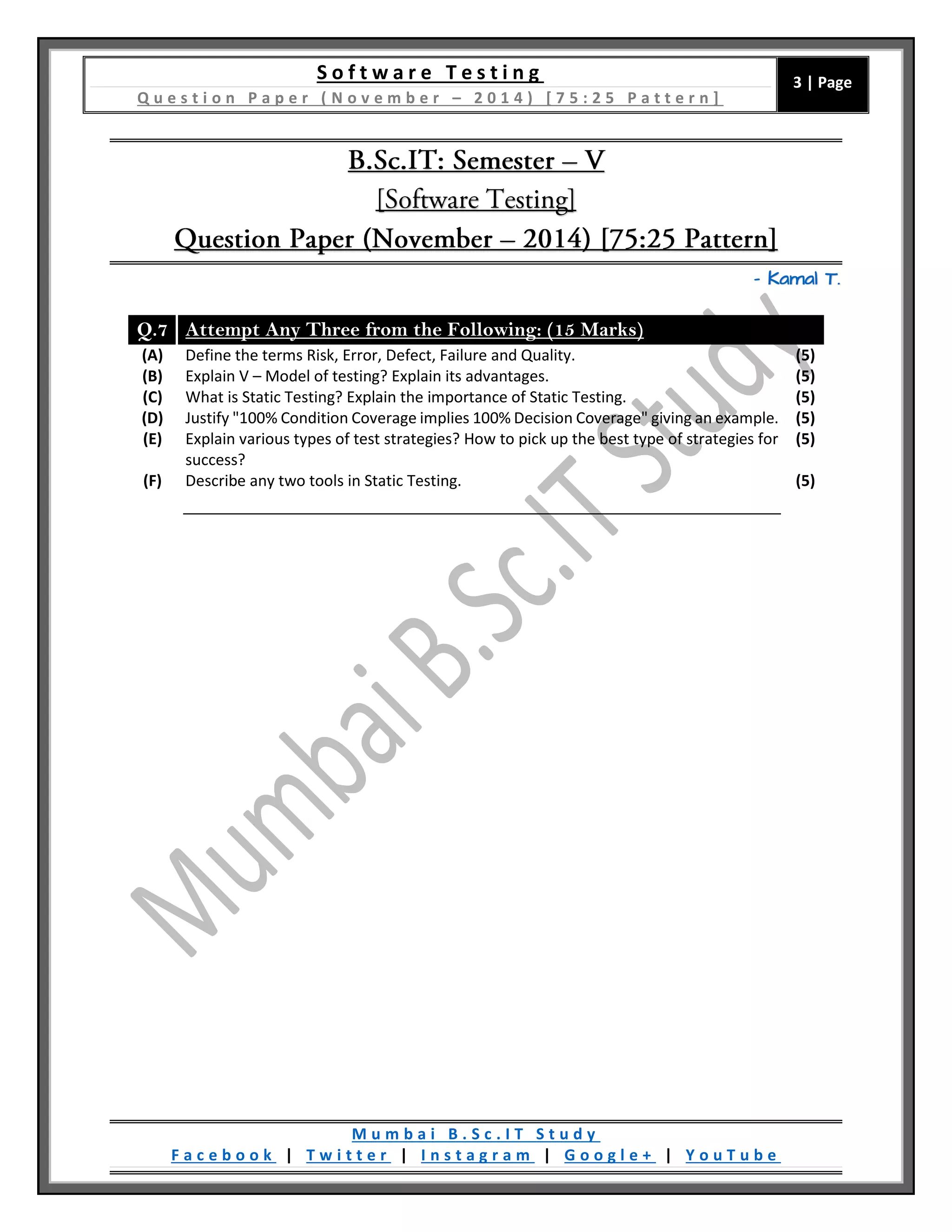 [Question Paper] Software Testing (75:25 Pattern) [November / 2014] | PDF