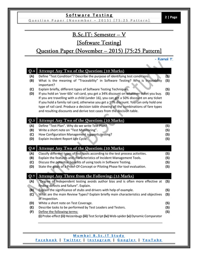 [Question Paper] Software Testing (75:25 Pattern) [November / 2015] | PDF