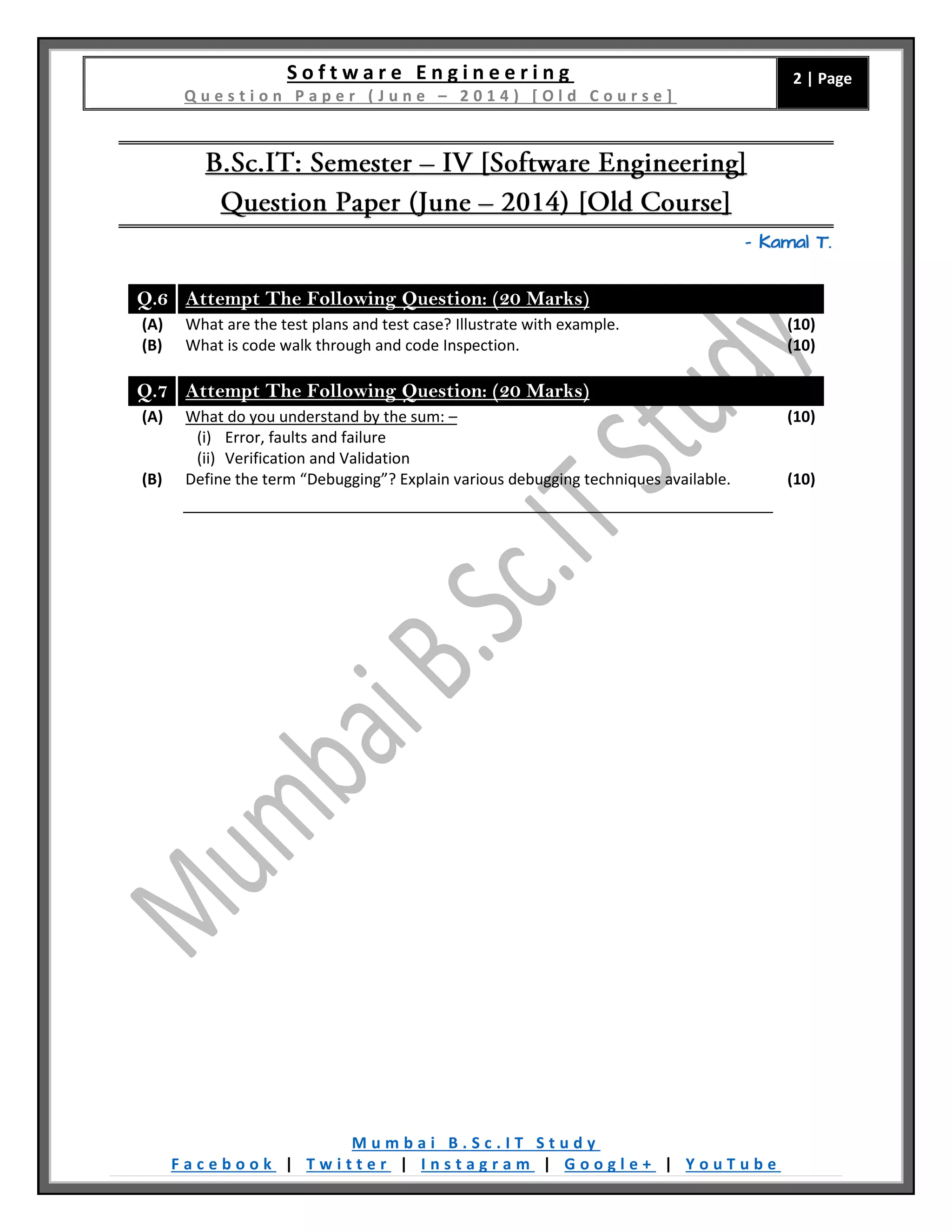 [Question Paper] Software Engineering (Old Course) [June / 2014] | PDF