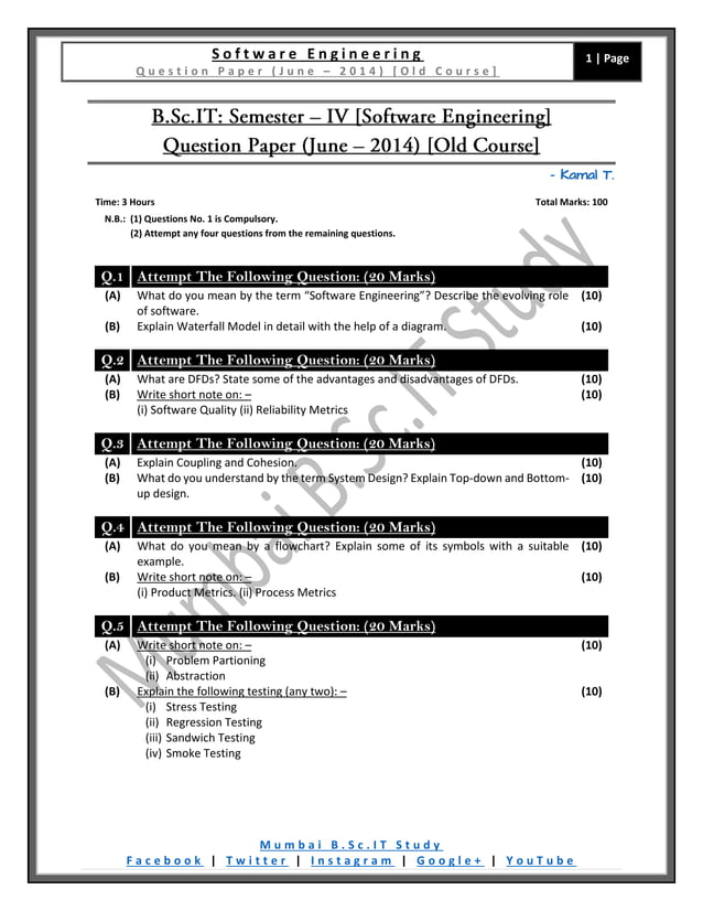 [Question Paper] Software Engineering (Old Course) [June / 2014] | PDF
