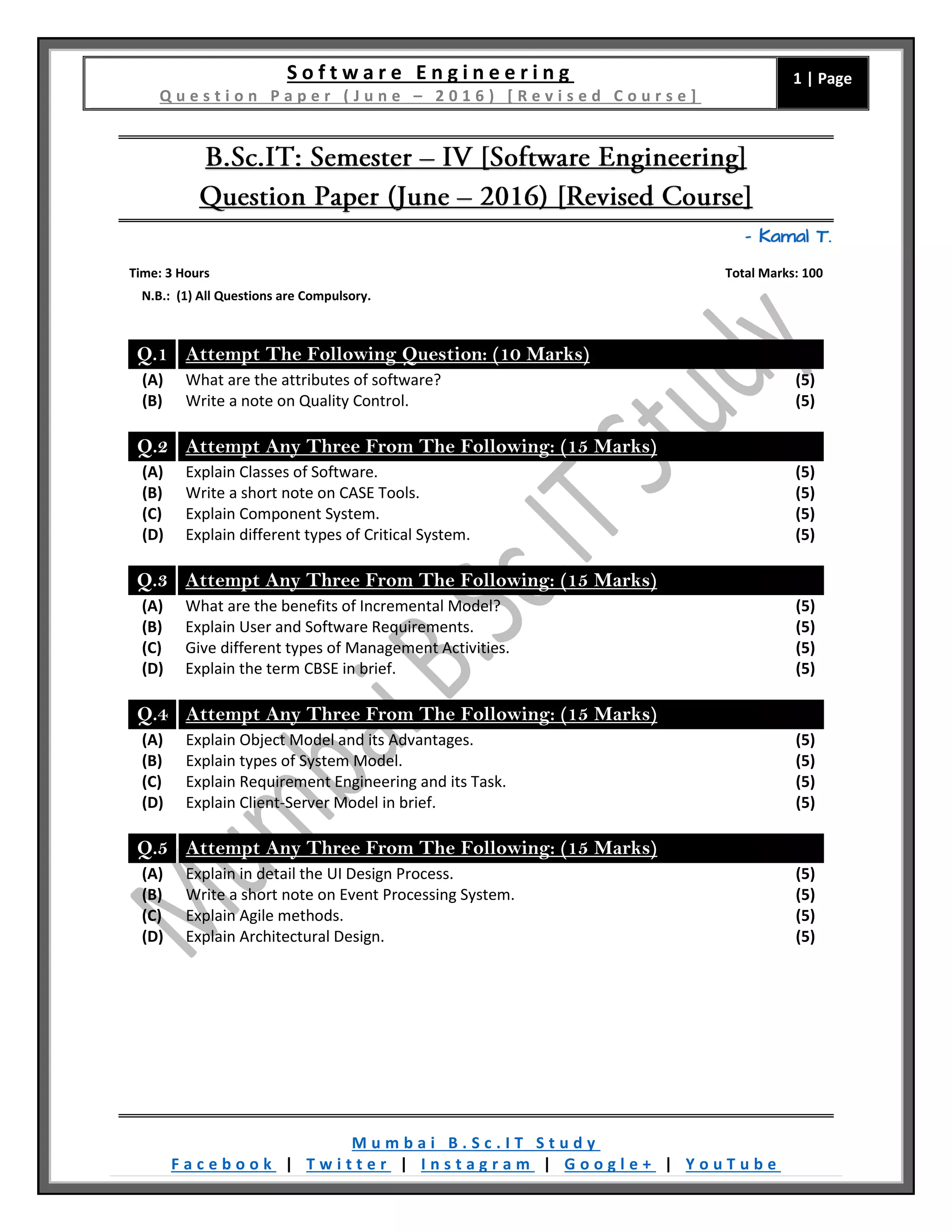 [Question Paper] Software Engineering (Revised Course) [June / 2016] | PDF