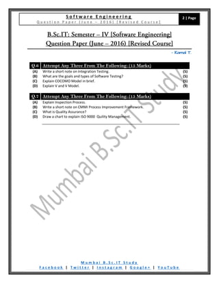 [Question Paper] Software Engineering (Revised Course) [June / 2016] | PDF