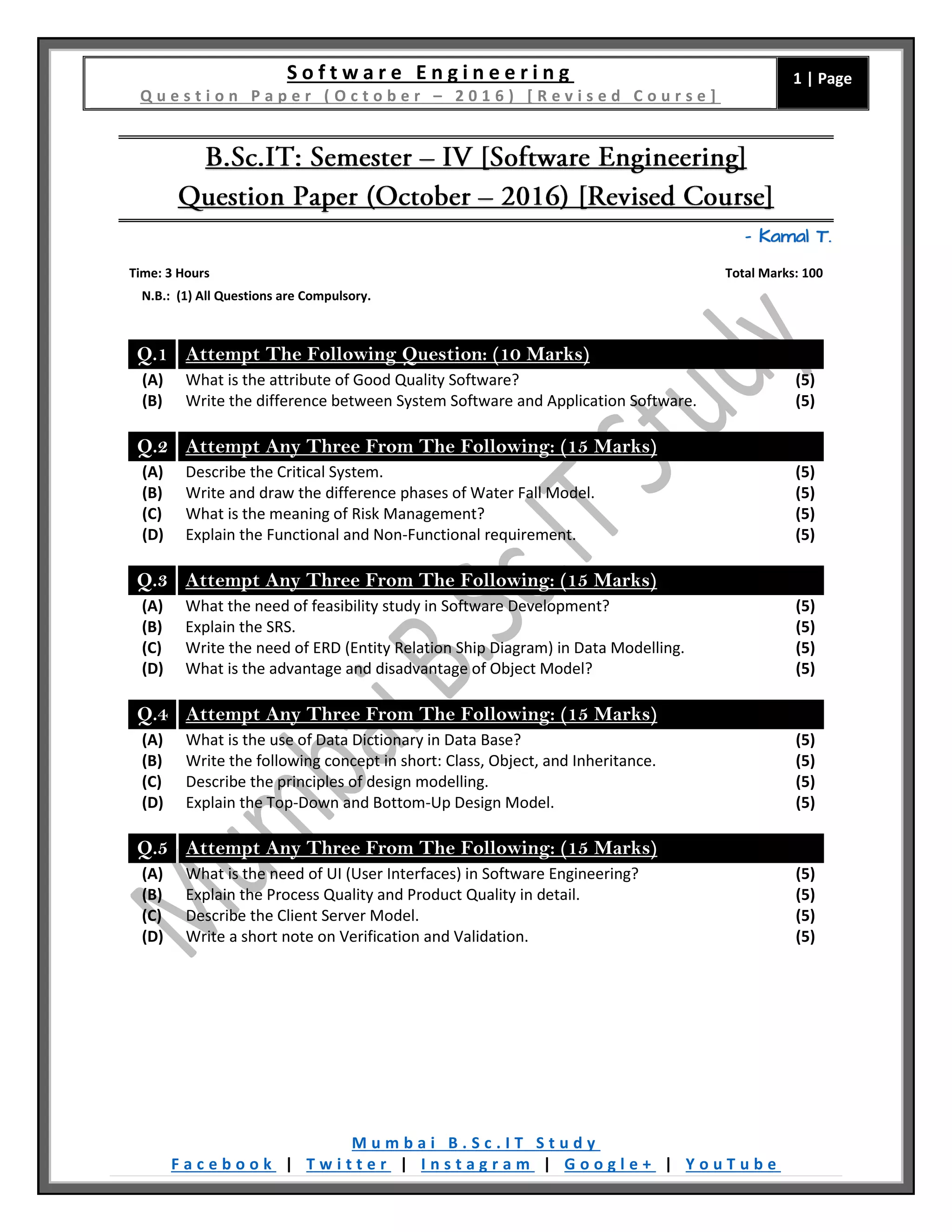 [Question Paper] Software Engineering (Revised Course) [October / 2016] | PDF