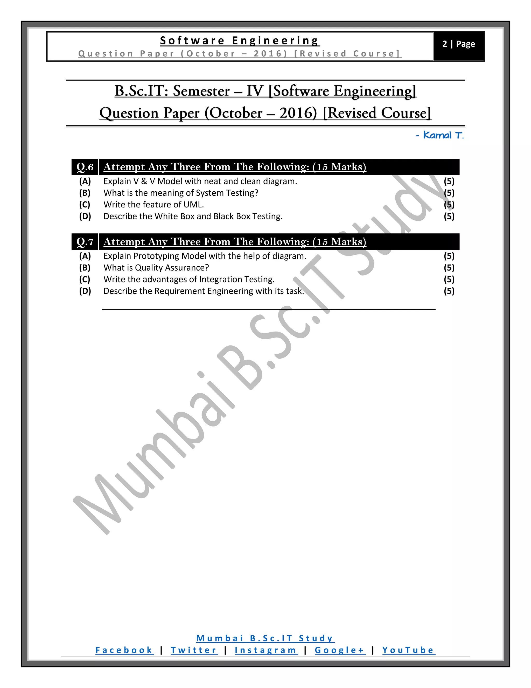 [Question Paper] Software Engineering (Revised Course) [October / 2016] | PDF