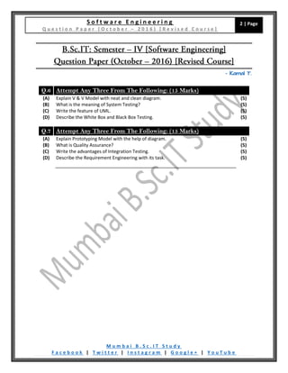 [Question Paper] Software Engineering (Revised Course) [October / 2016 ...