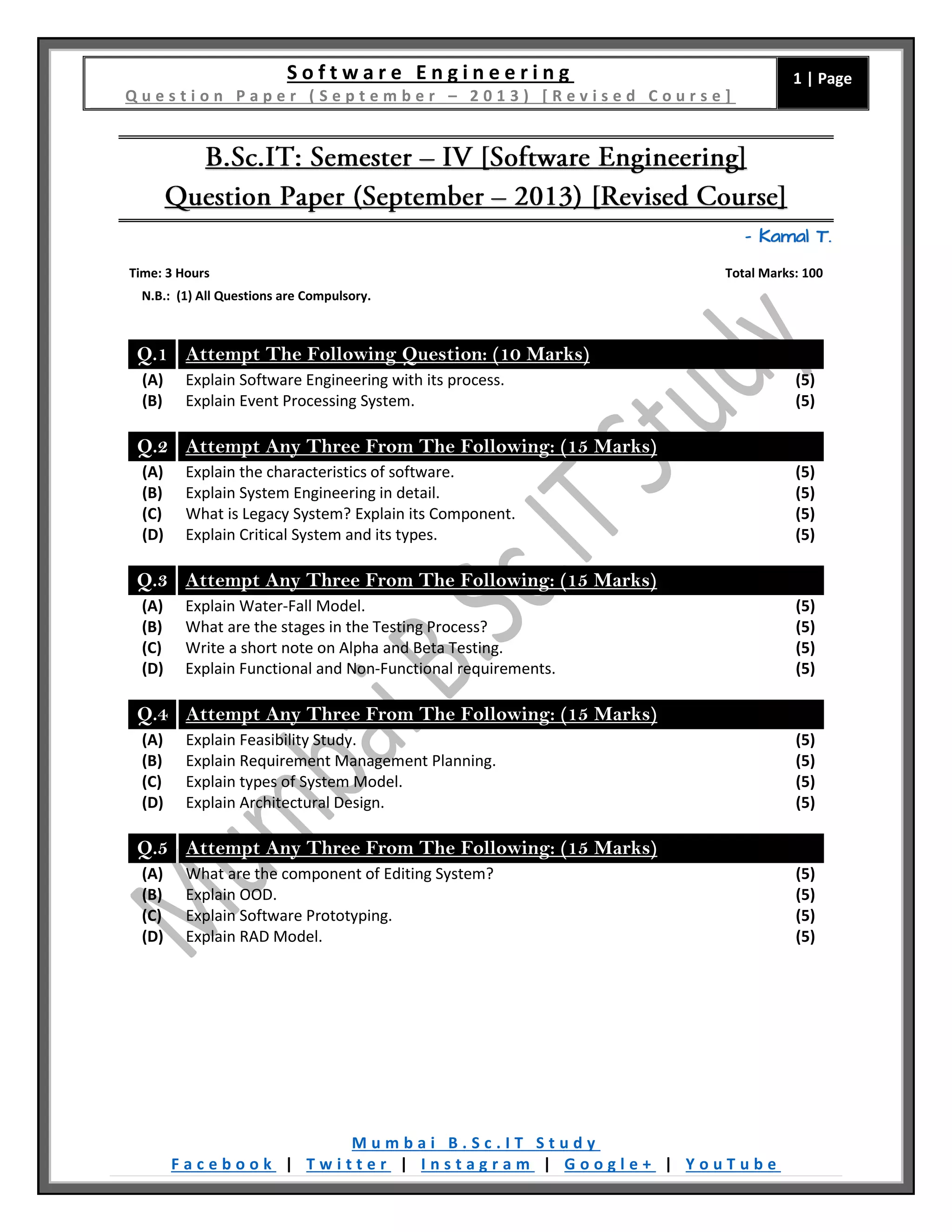 [Question Paper] Software Engineering (Revised Course) [September ...