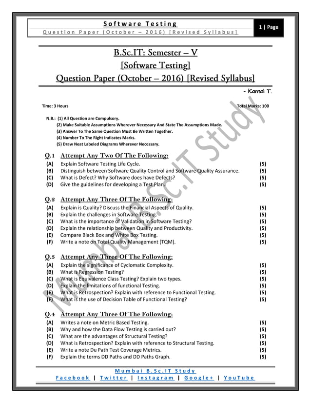 Software Testing (Revised Syllabus) [QP / October - 2016] | PDF