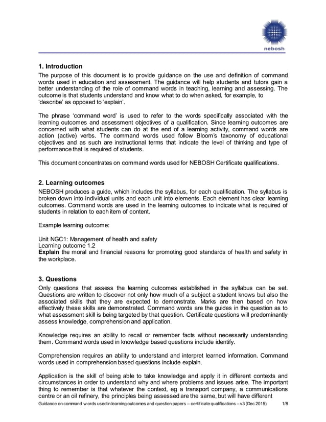 Guidance on command words used in learning outcomes and question papers ...