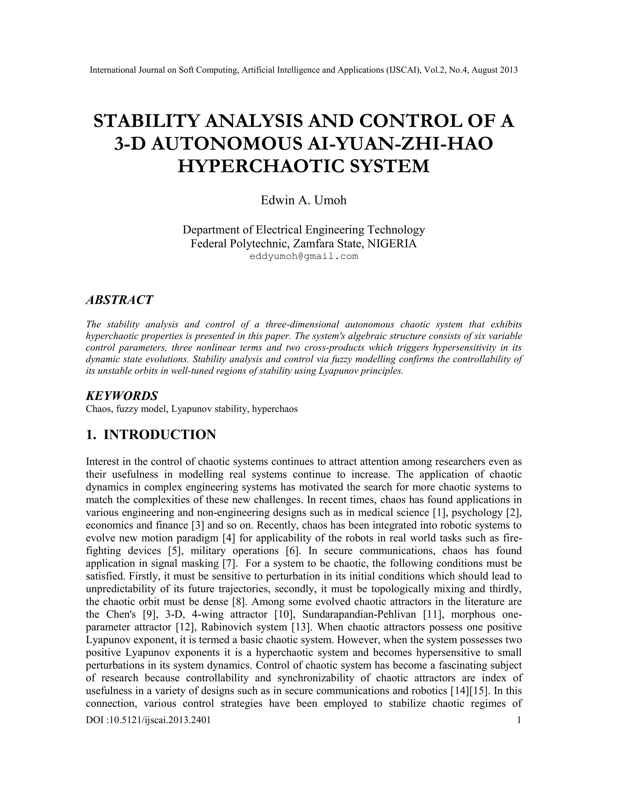 STABILITY ANALYSIS AND CONTROL OF A 3-D AUTONOMOUS AI-YUAN-ZHI-HAO HYPERCHAOTIC SYSTEM | PDF ...