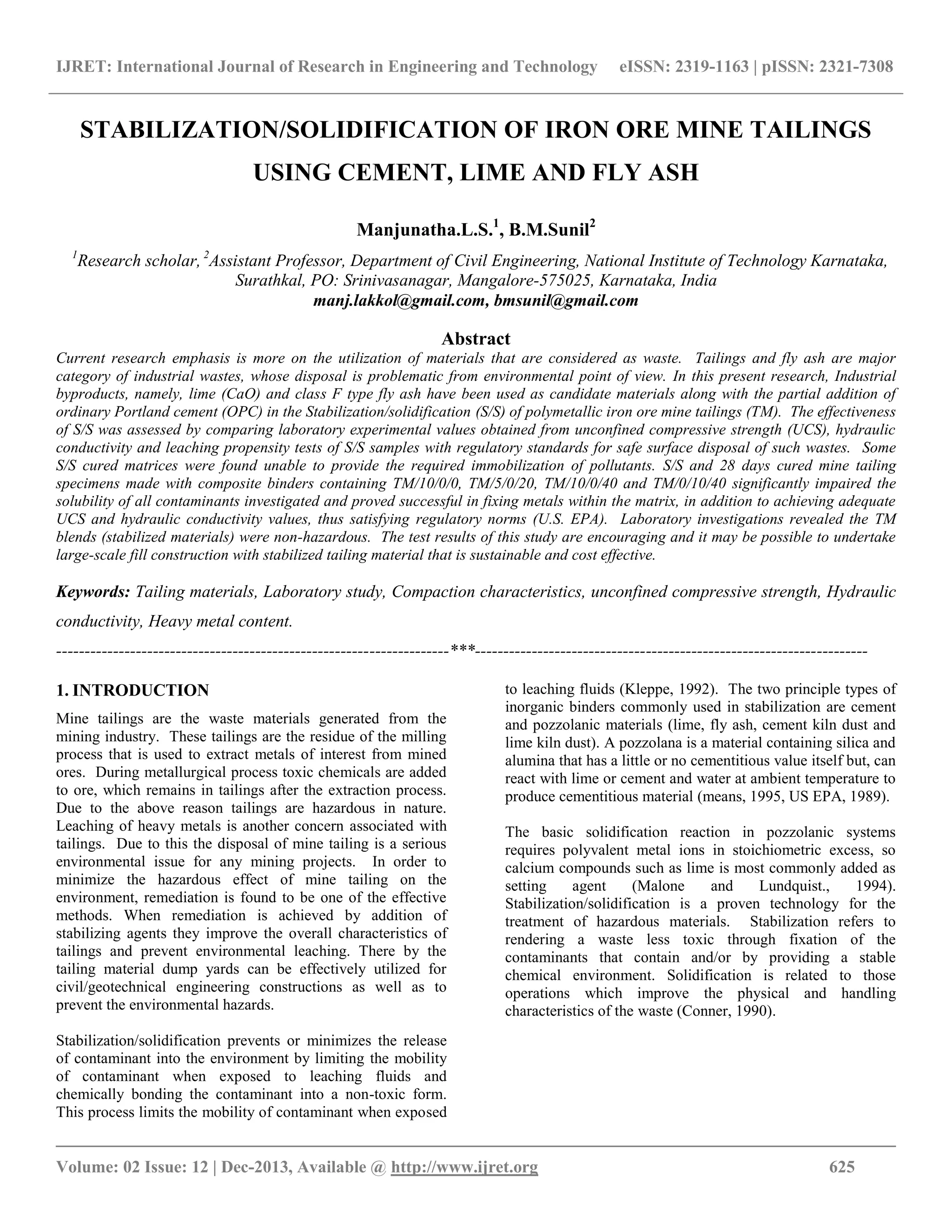 Stabilization or solidification of iron ore mine tailings using cement ...