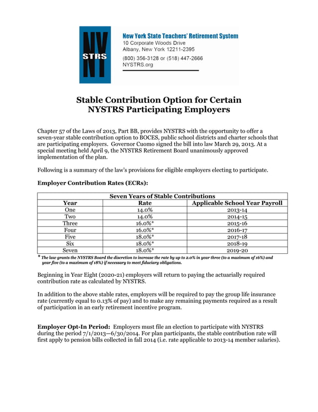 Stable Contribution Option for Certain NYSTRS Participating Employers | PDF