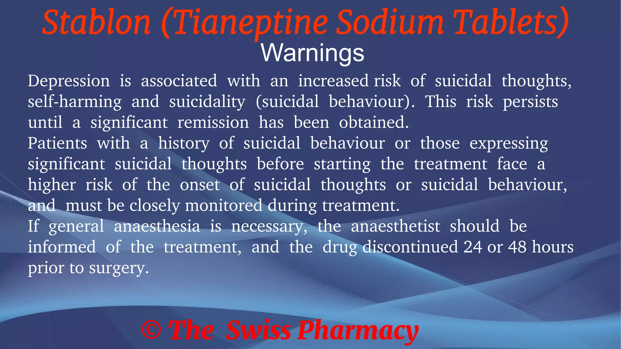 Stablon (Tianeptine Sodium Tablets) | PPT | Free download
