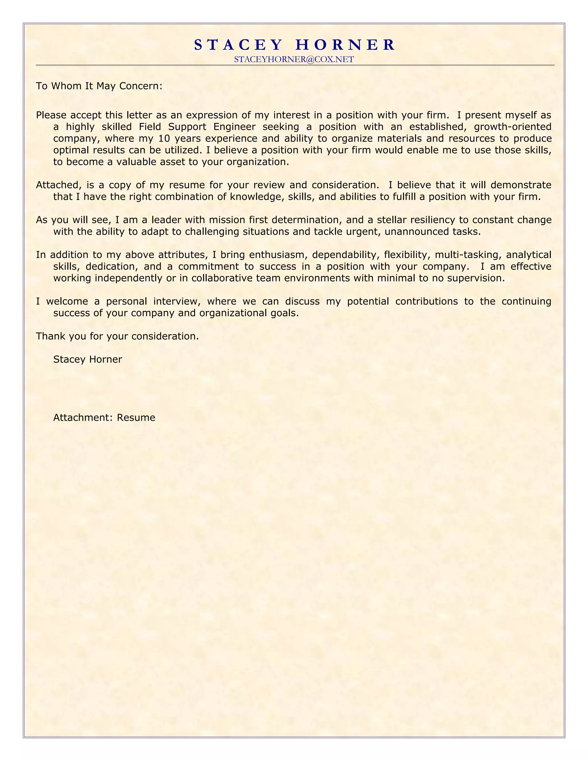 Stacey horner cover letter | DOC