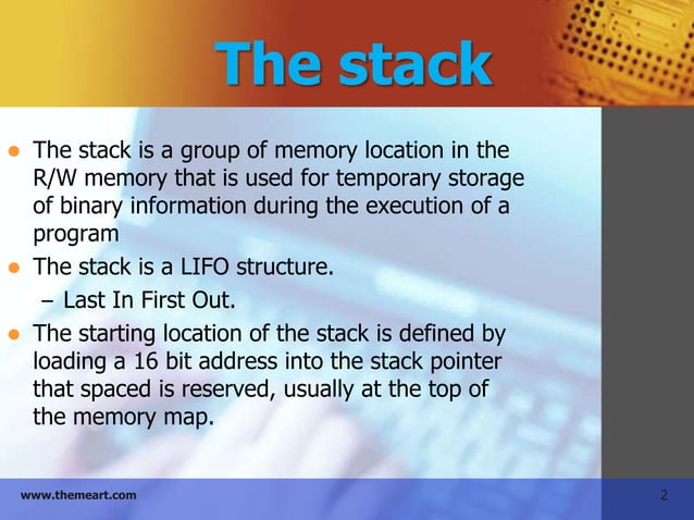 Stack in microprocessor 8085(presantation) | PPTX | Programming Languages | Computing