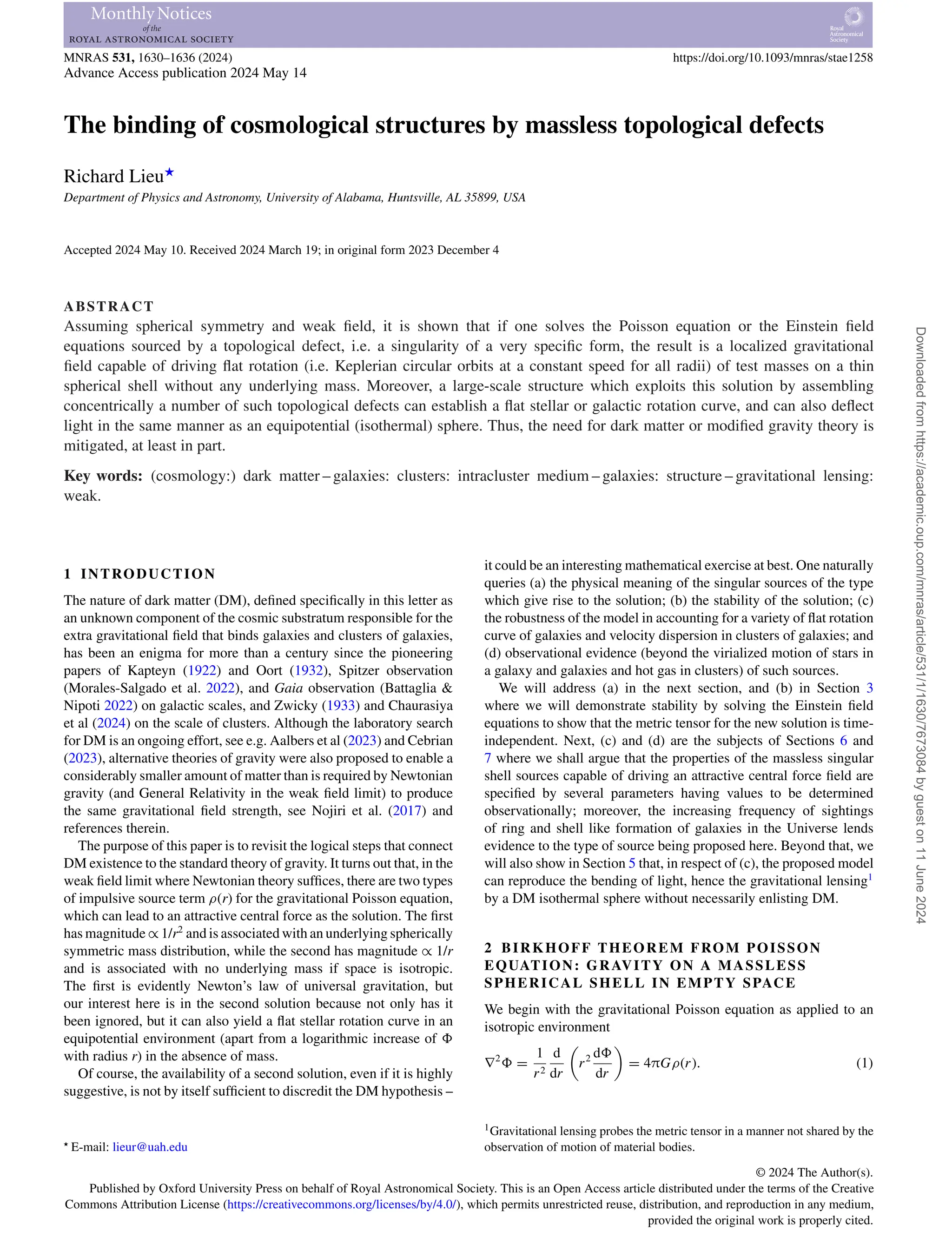 The binding of cosmological structures by massless topological defects | PDF