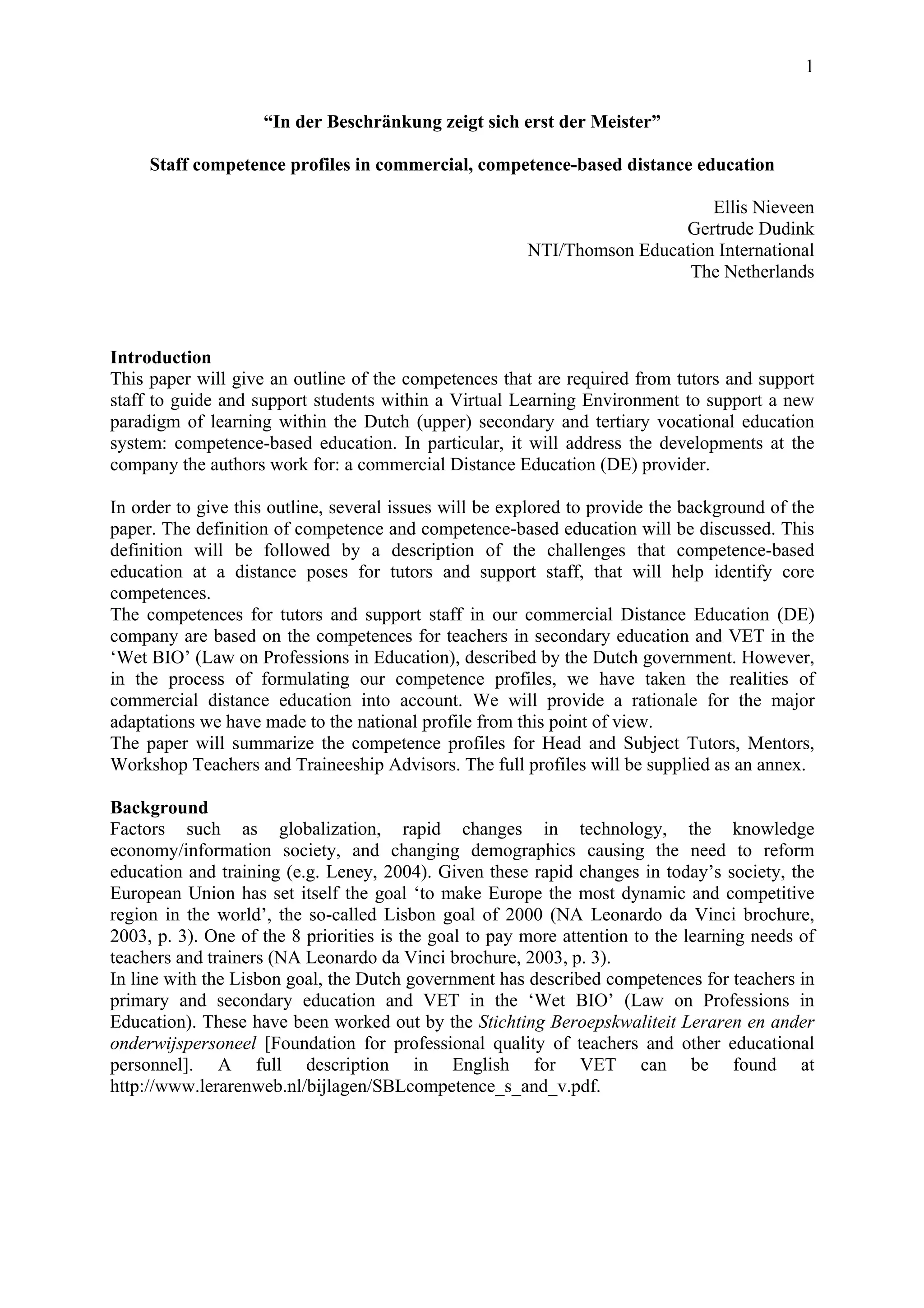 Staff Competence Profiles Distance Education_EDEN 2007 | PDF