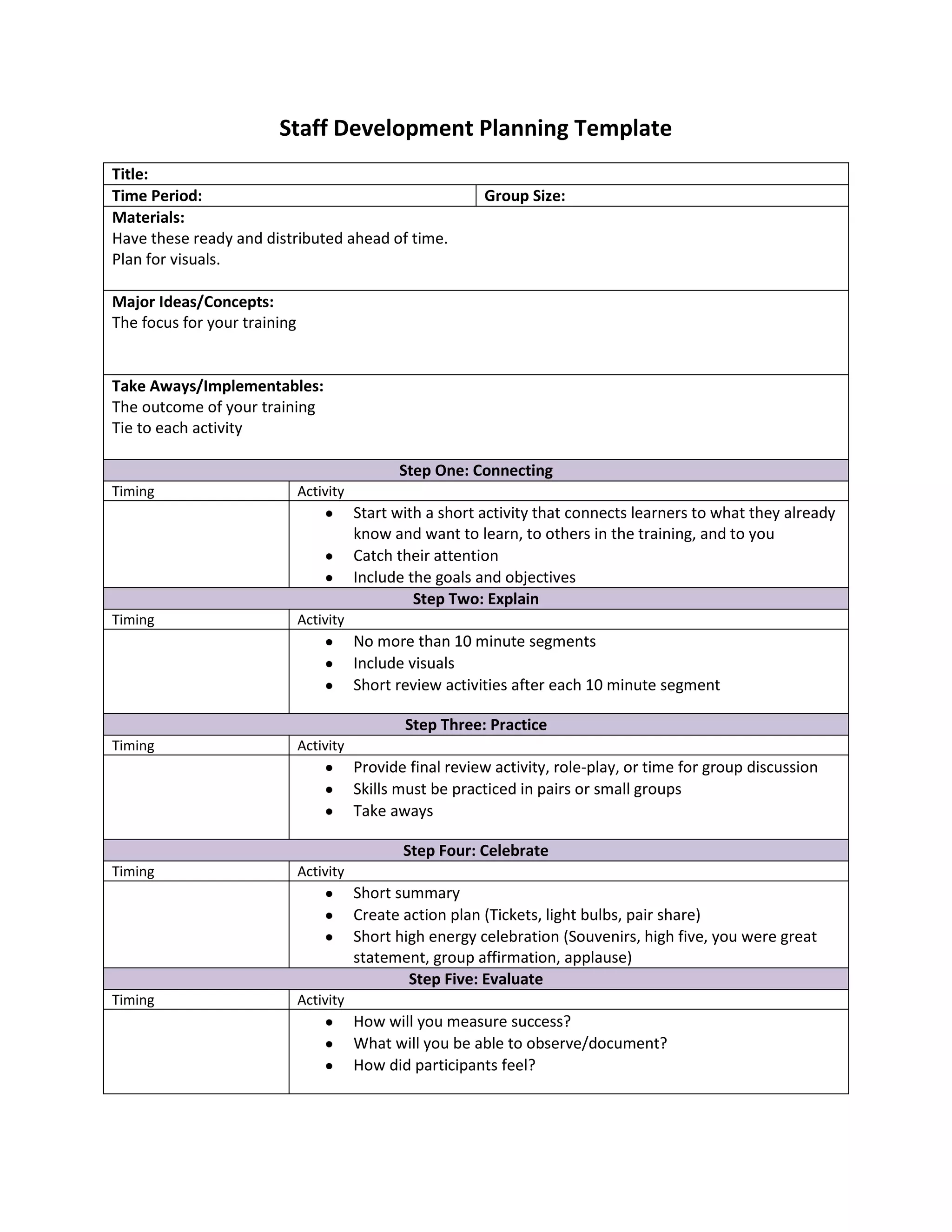 Staff development planning template with suggestions | DOCX